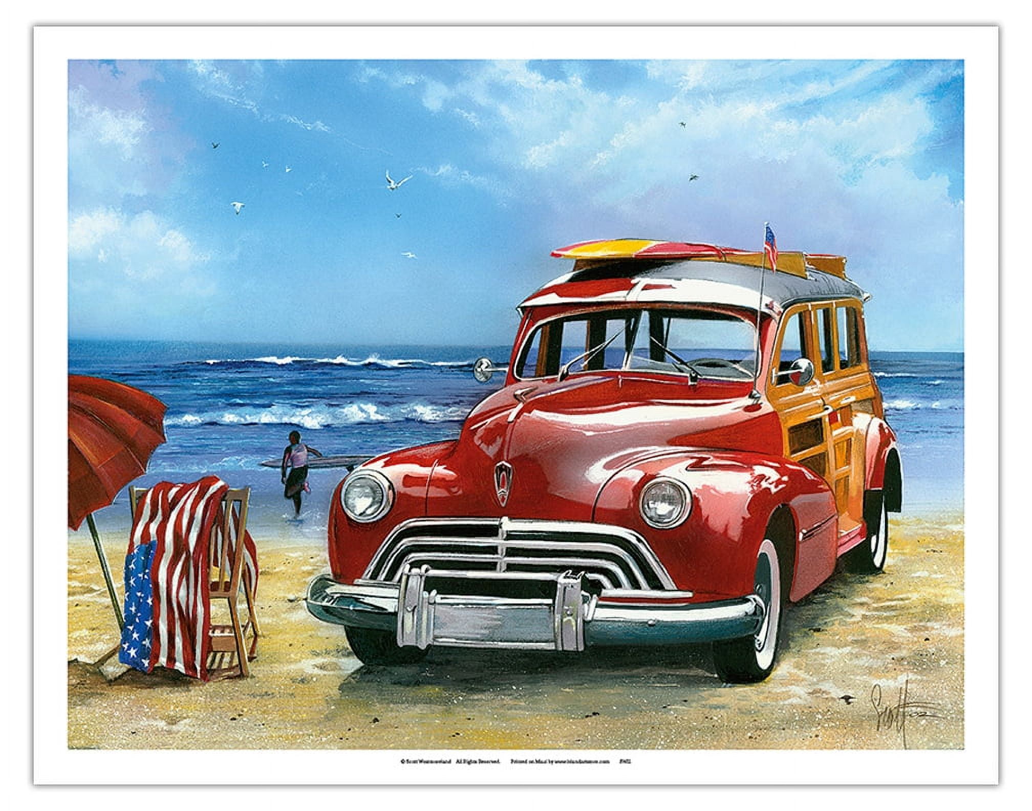 Surfin USA - Retro Woodie Car with Surfboards on Beach - From an ...