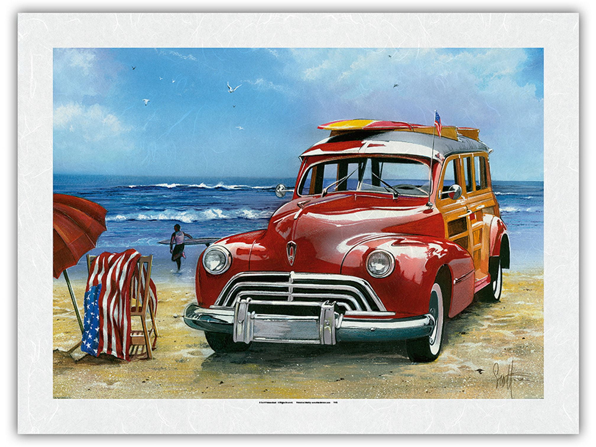 Surfin USA - Retro Woodie Car with Surfboards on Beach - From an ...