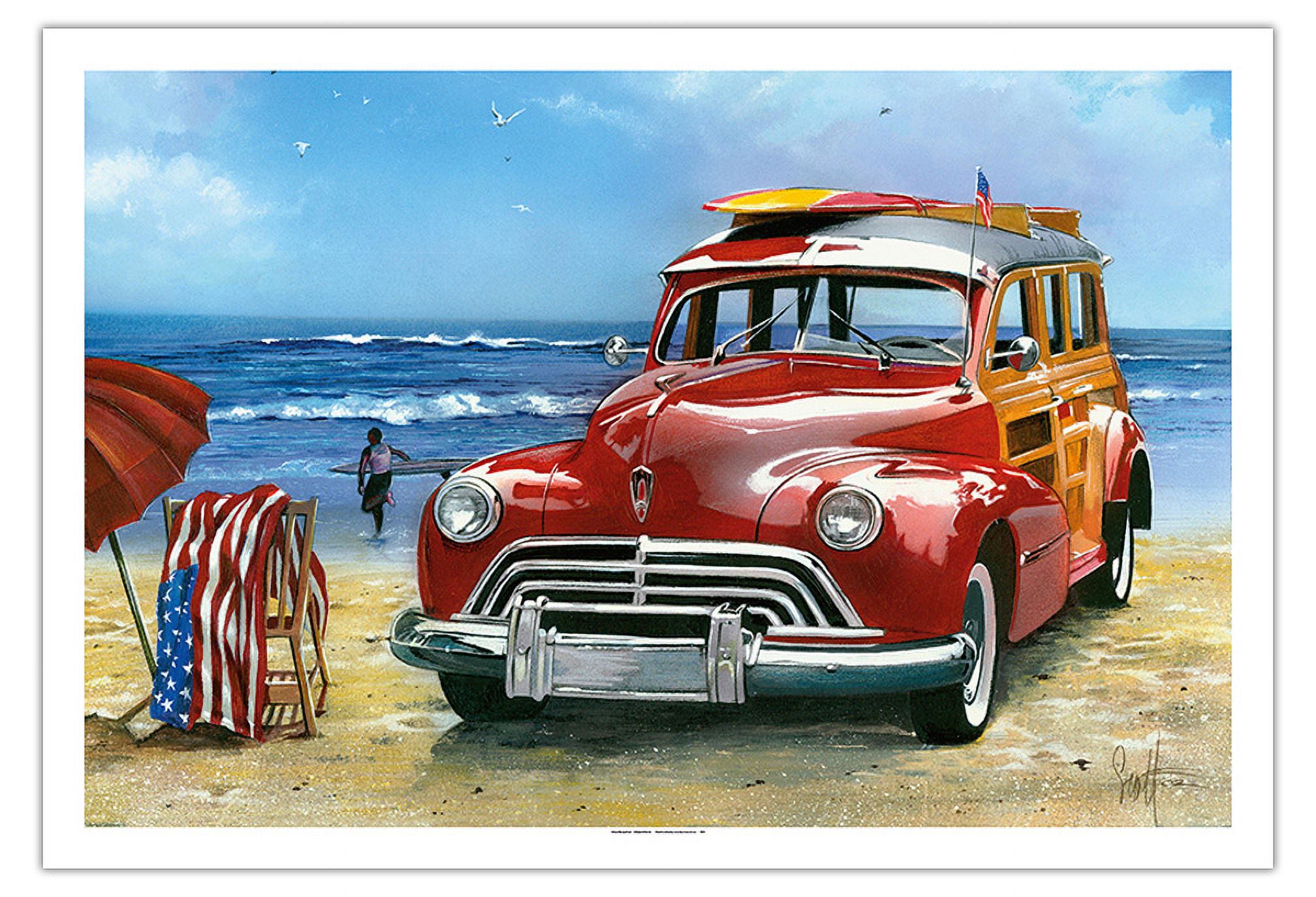 Surfin USA - Retro Woodie Car with Surfboards on Beach - From an ...