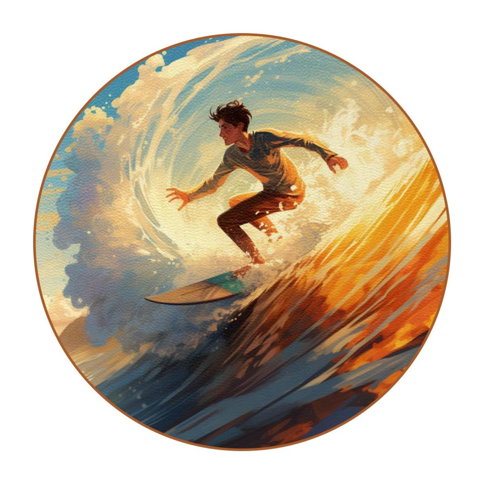 Surfing 6Pcs Cute Round Coasters Set, Microfiber Leather Drink Coasters ...