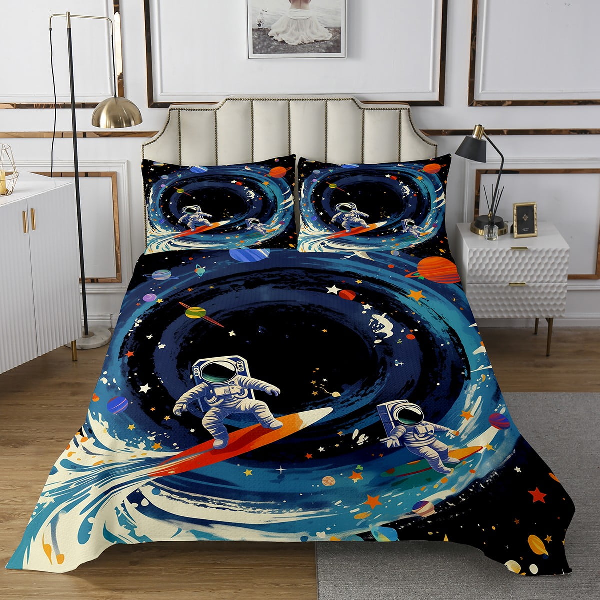 Surfing Astronaut Twin Quilt Set,Outer Space Planet Universe Bedding ...