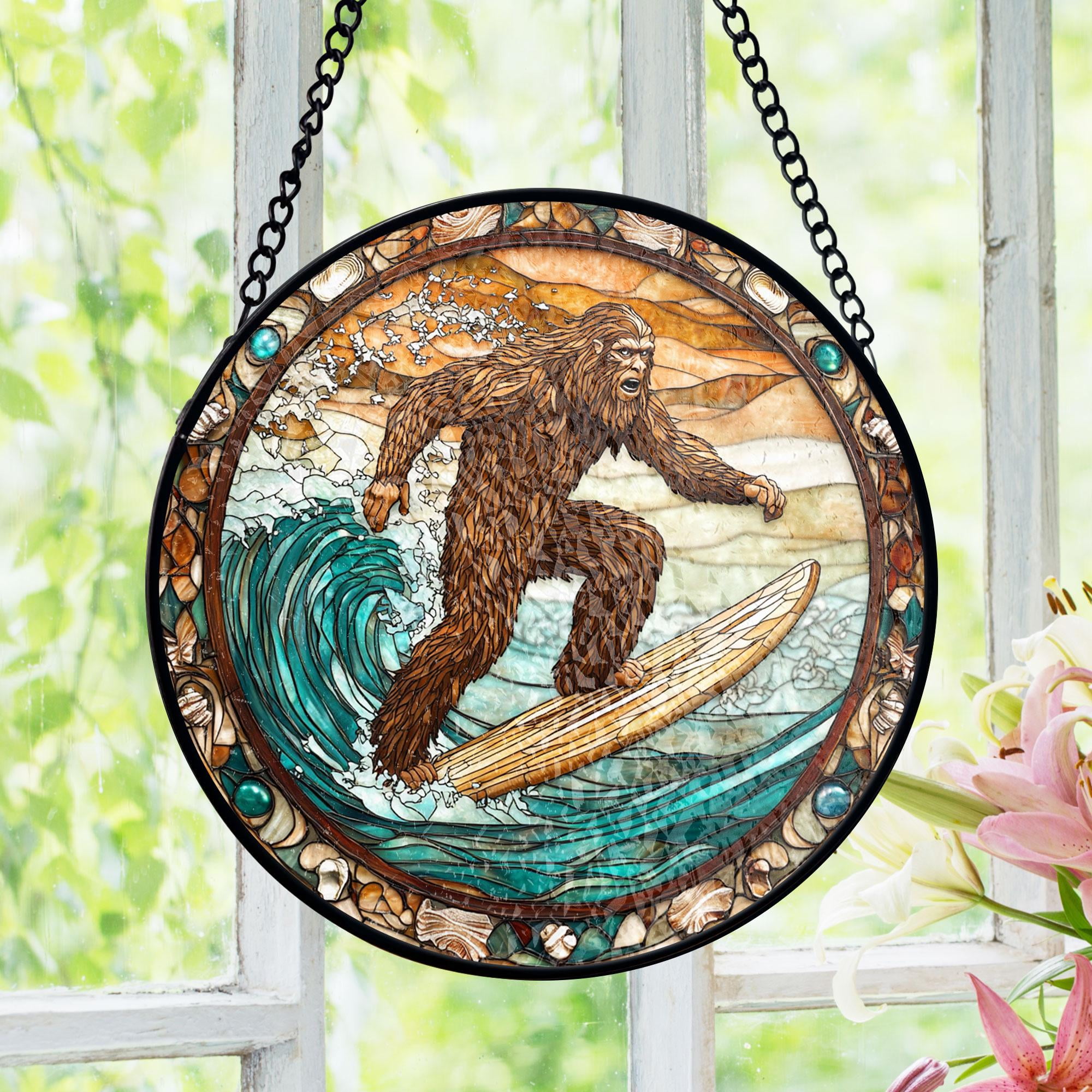 Surfing Bigfoot Stained Glass Suncatcher, Sasquatch Surfer Suncatcher ...