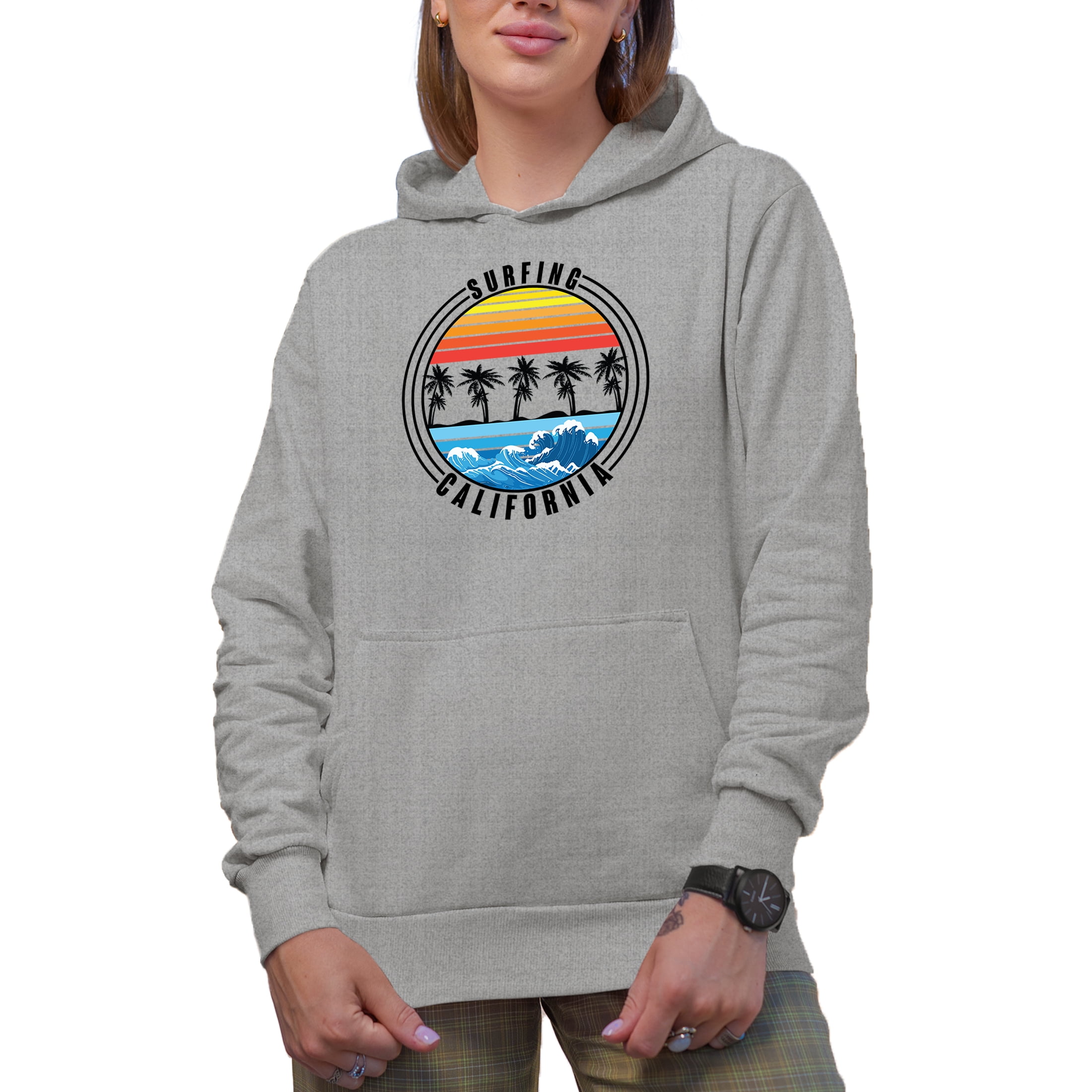 Surfing California with Beach Waves & Palm Trees, Heather Grey Hooded ...