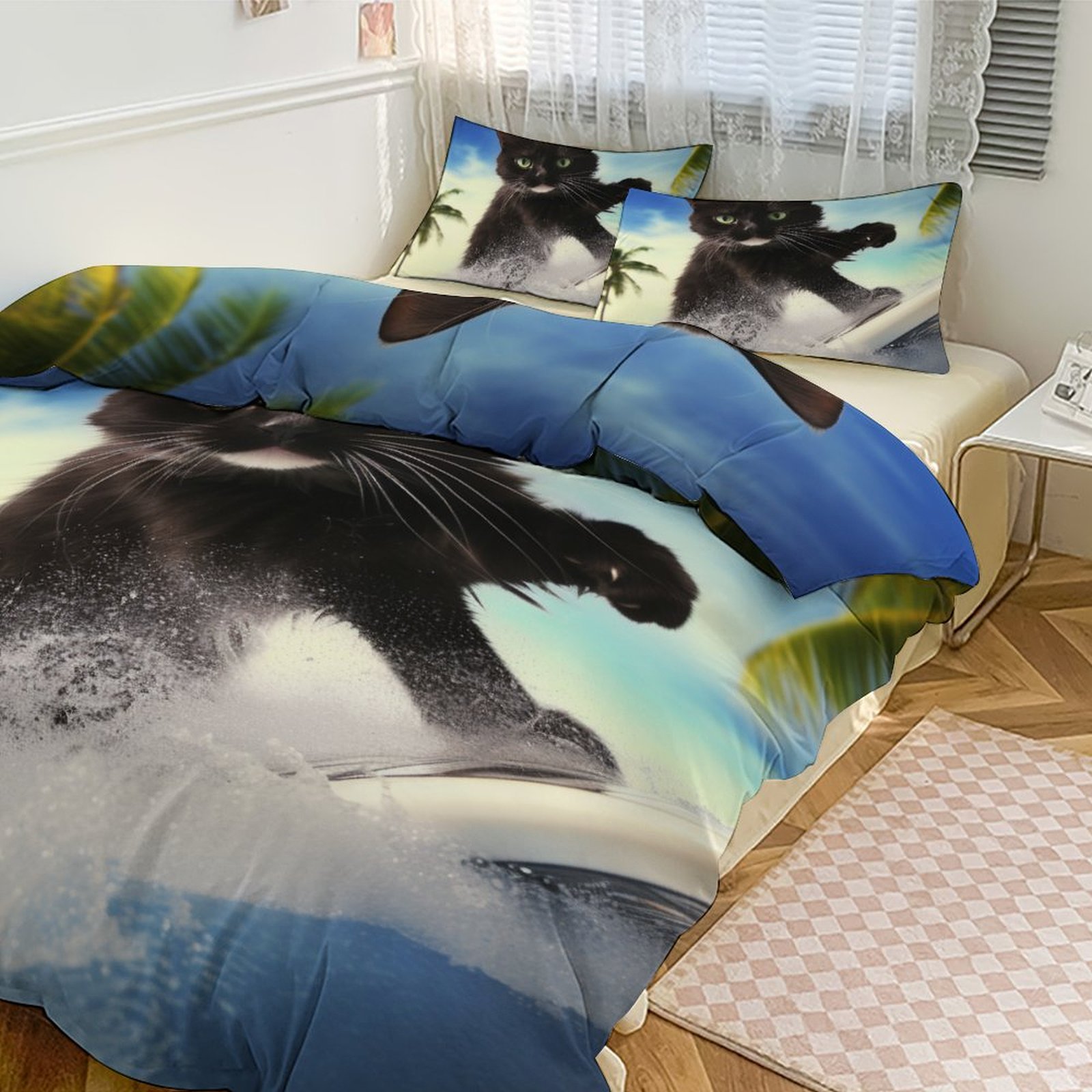 Surfing Cat Bedding Sets Twin Duvet Cover 3 Piece Cute Bed Set for Boys ...