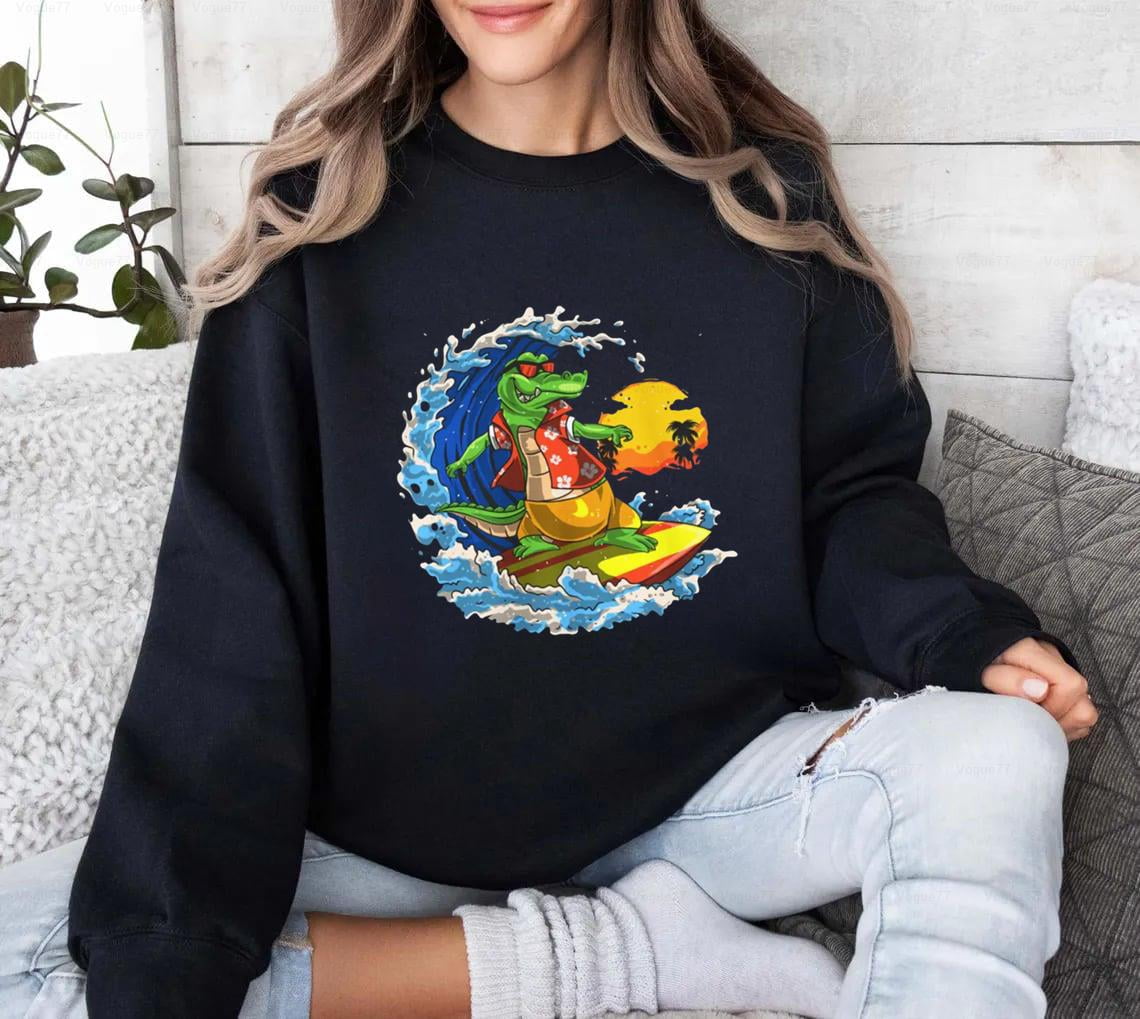Surfing Crocodile Sweatshirt Beach Holiday Wave Art, for men & women ...