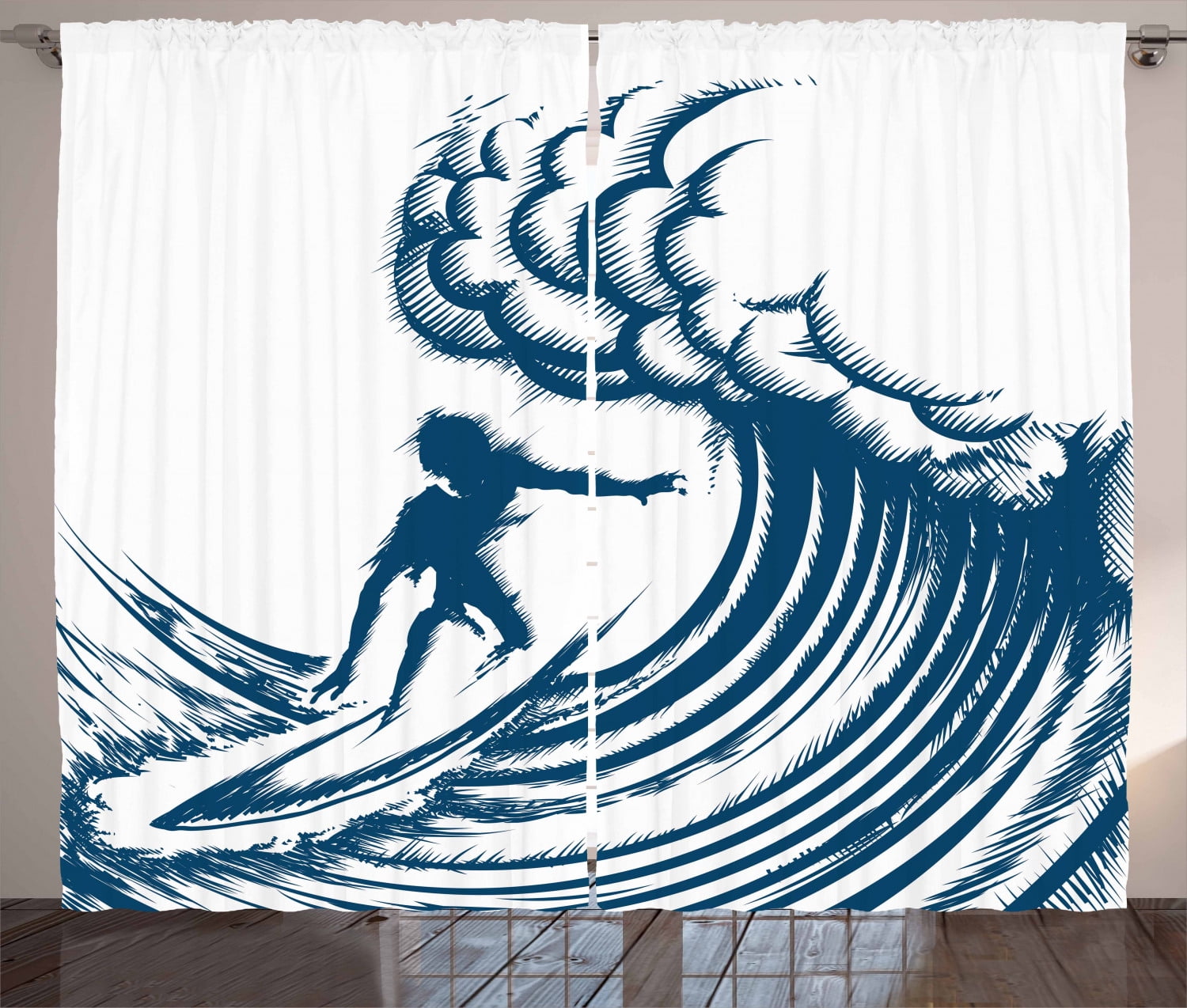 Ambesonne Surfing Curtains 2 Panel Set, Riding a Big Wave Art, 108" x ...