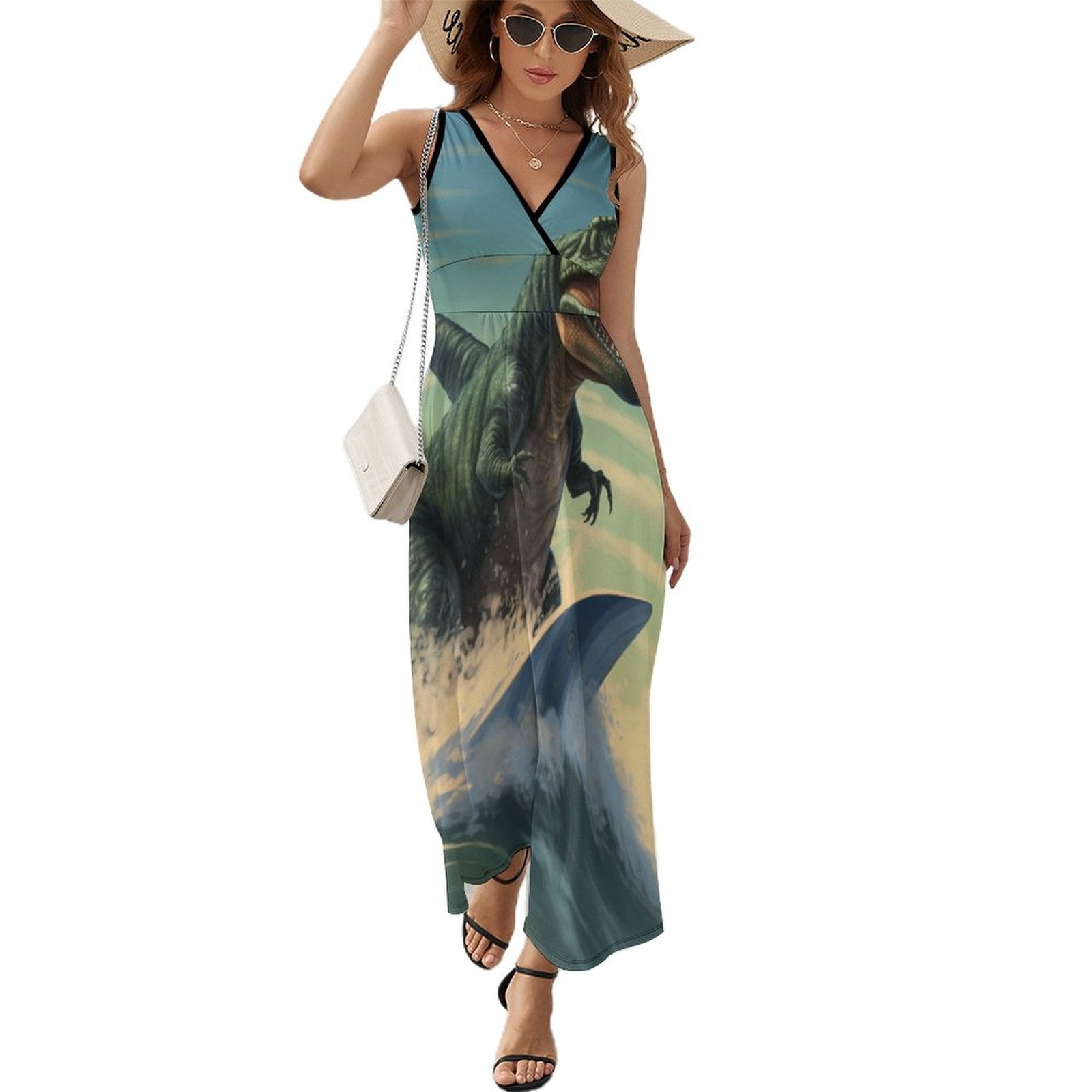 Surfing Dinosaurs Art Sleeveless Dress Women's Summer Suit Dresses for ...