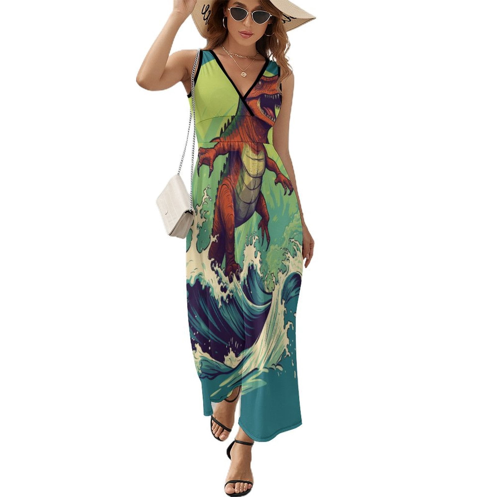 Surfing Dinosaurs Art Sleeveless Dress Women's Summer Suit Dresses for ...