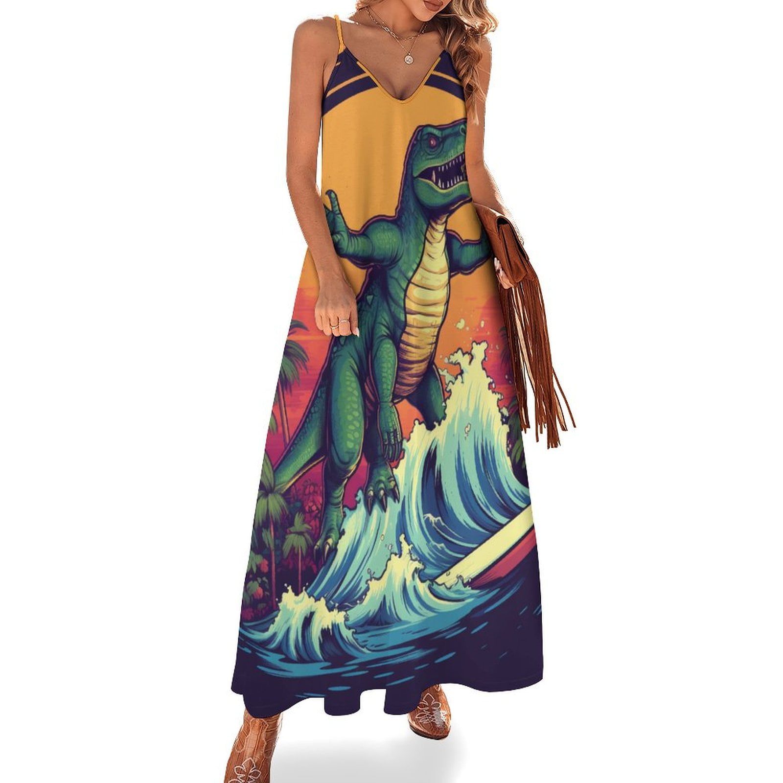 Surfing Dinosaurs Design Sleeveless Dress Woman Fashion Long Dresses ...