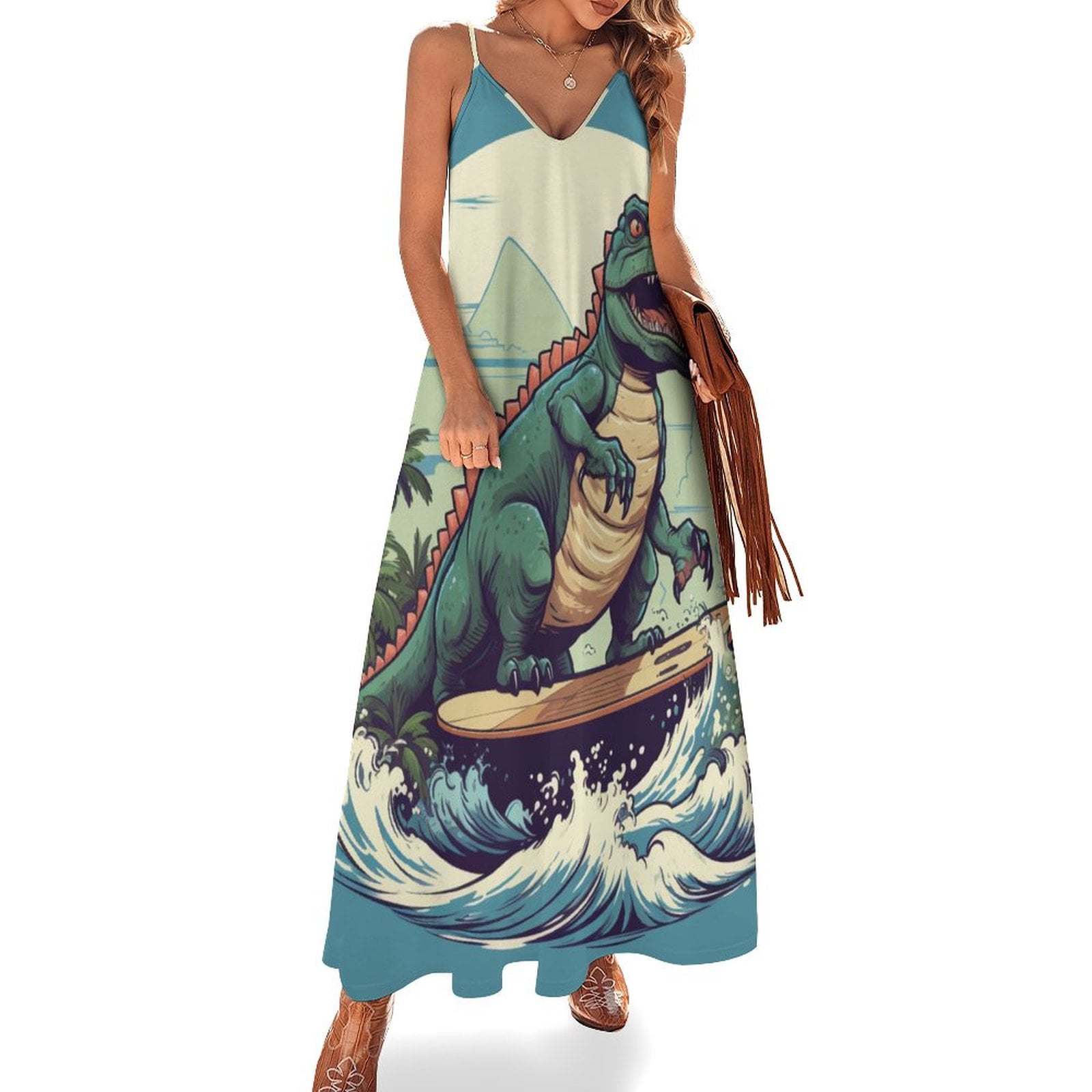 Surfing Dinosaurs Design Sleeveless Dress Woman Fashion Long Dresses ...