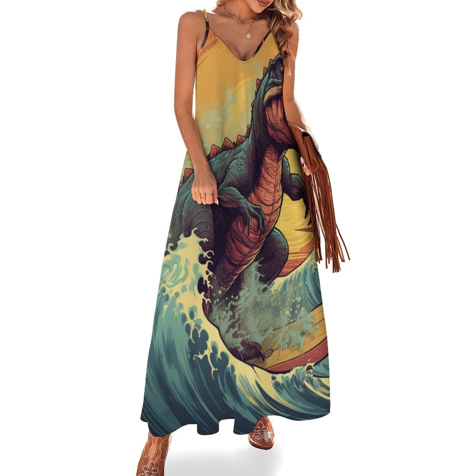 Surfing Dinosaurs Fine Art Sleeveless Dress Summer Dress Woman 2025 ...