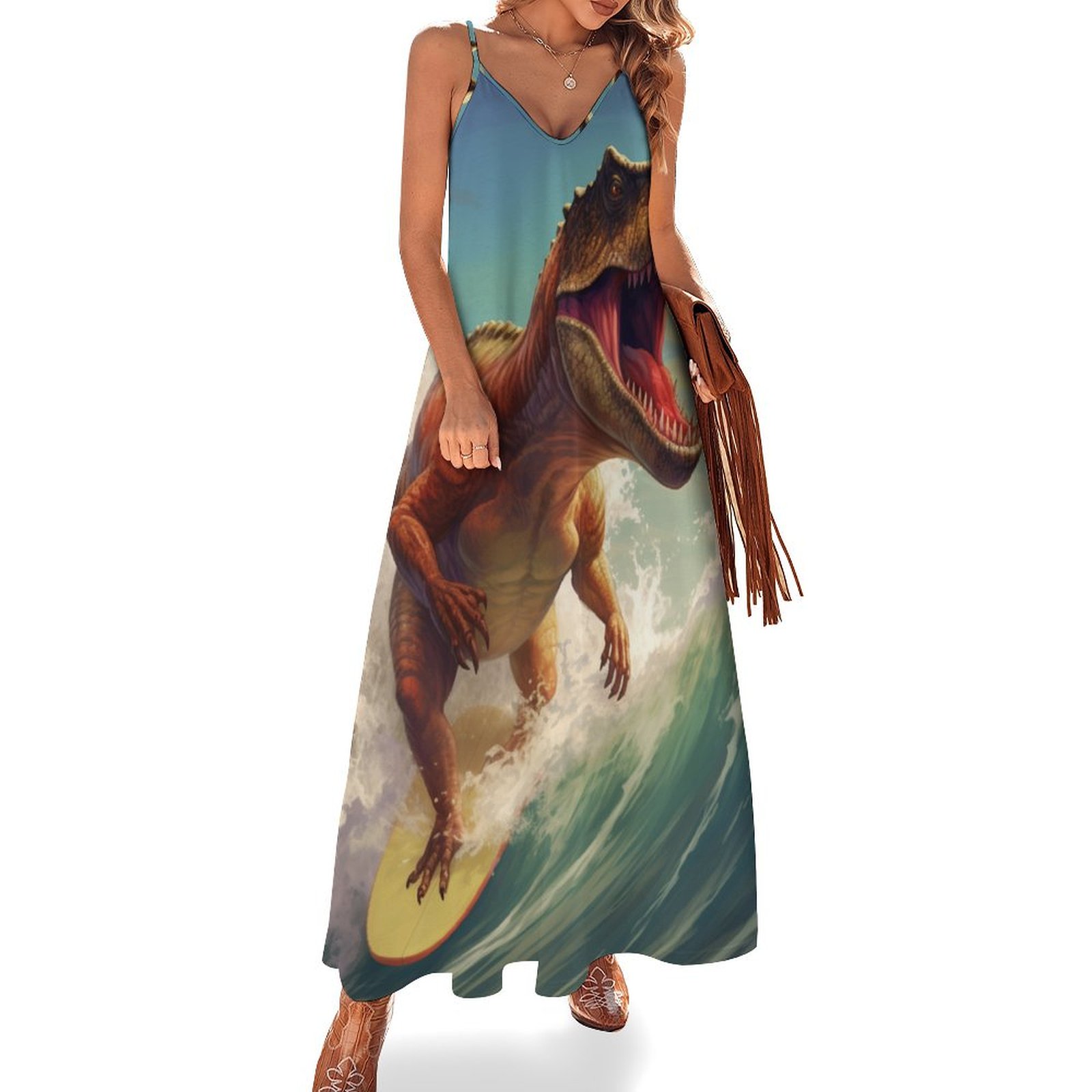 Surfing Dinosaurs Fine Art Sleeveless Dress Summer Dress Woman 2025 ...