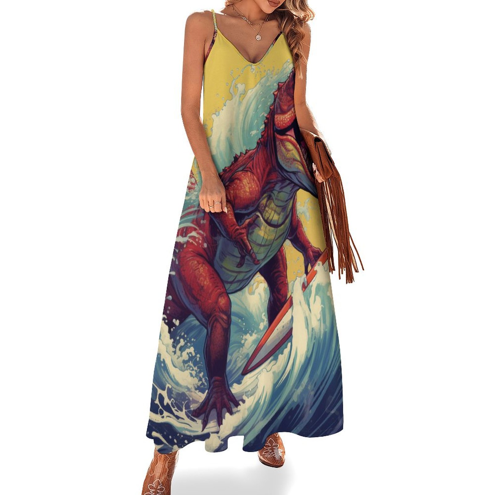 Surfing Dinosaurs Fine Art Sleeveless Dress Summer Dress Woman 2025 ...