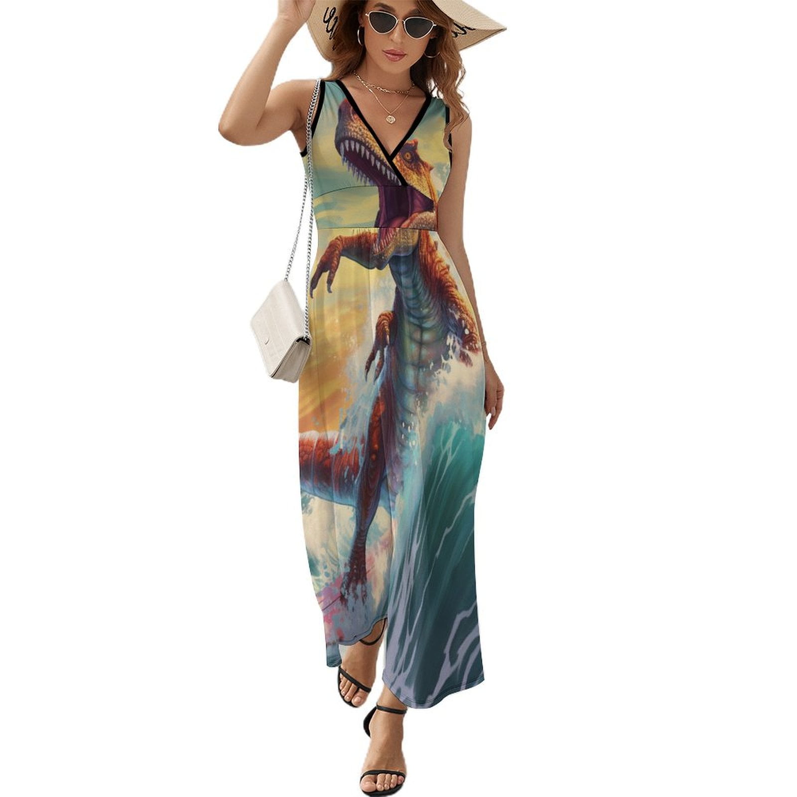 Surfing Dinosaurs Sleeveless Dress Woman Fashion Long Dresses Women's ...