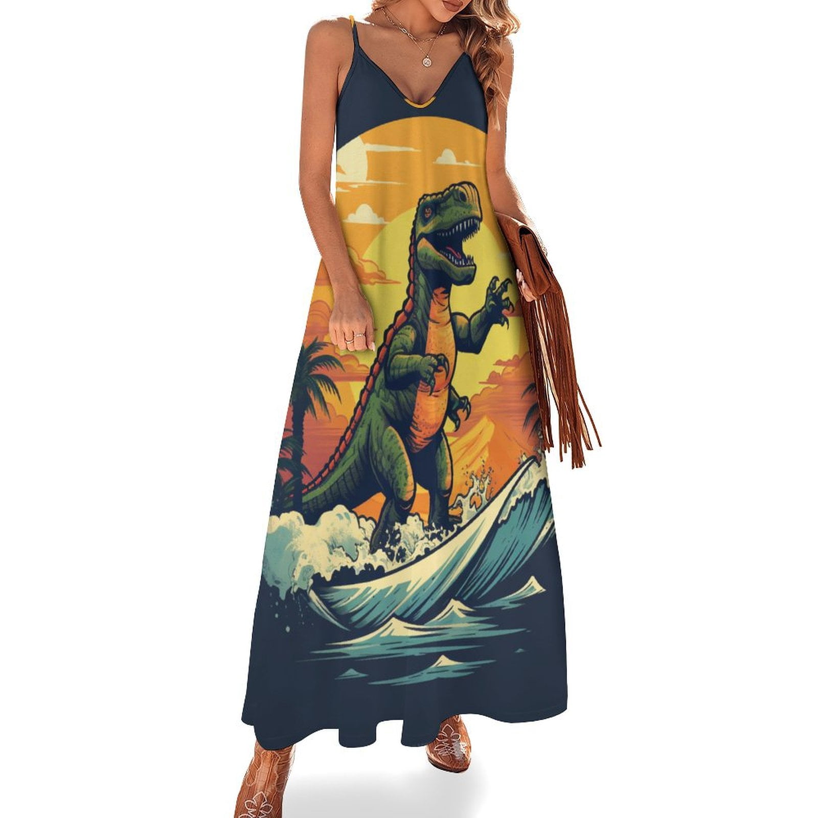 Surfing Dinosaurs Sleeveless Dress Women's Luxury Party Dress Birthday ...