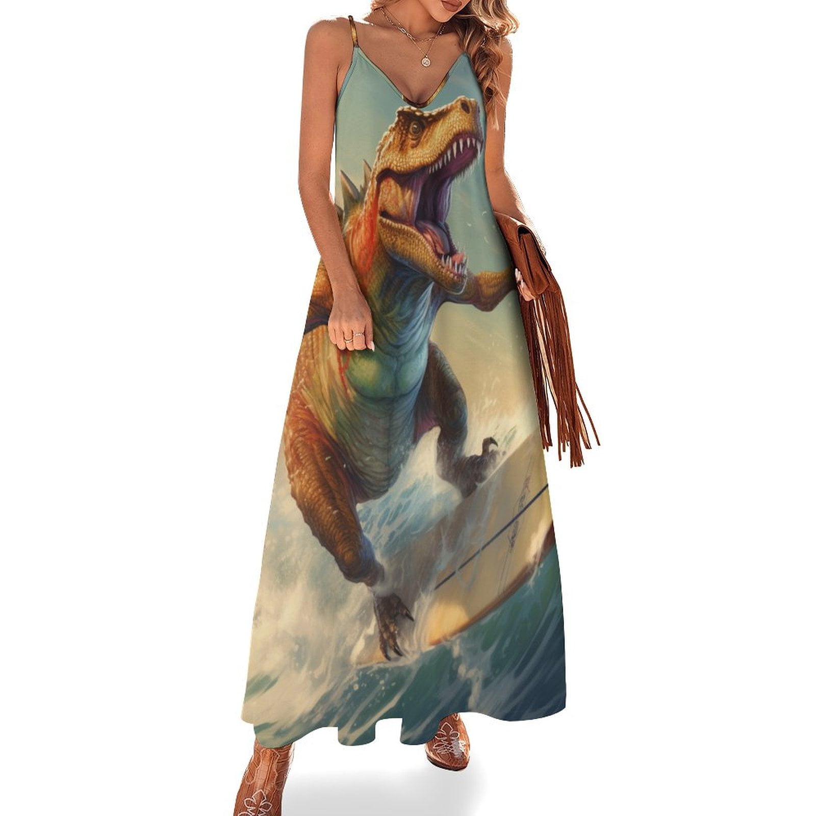 Surfing Dinosaurs Sleeveless Dress Women's Luxury Party Dress Birthday ...