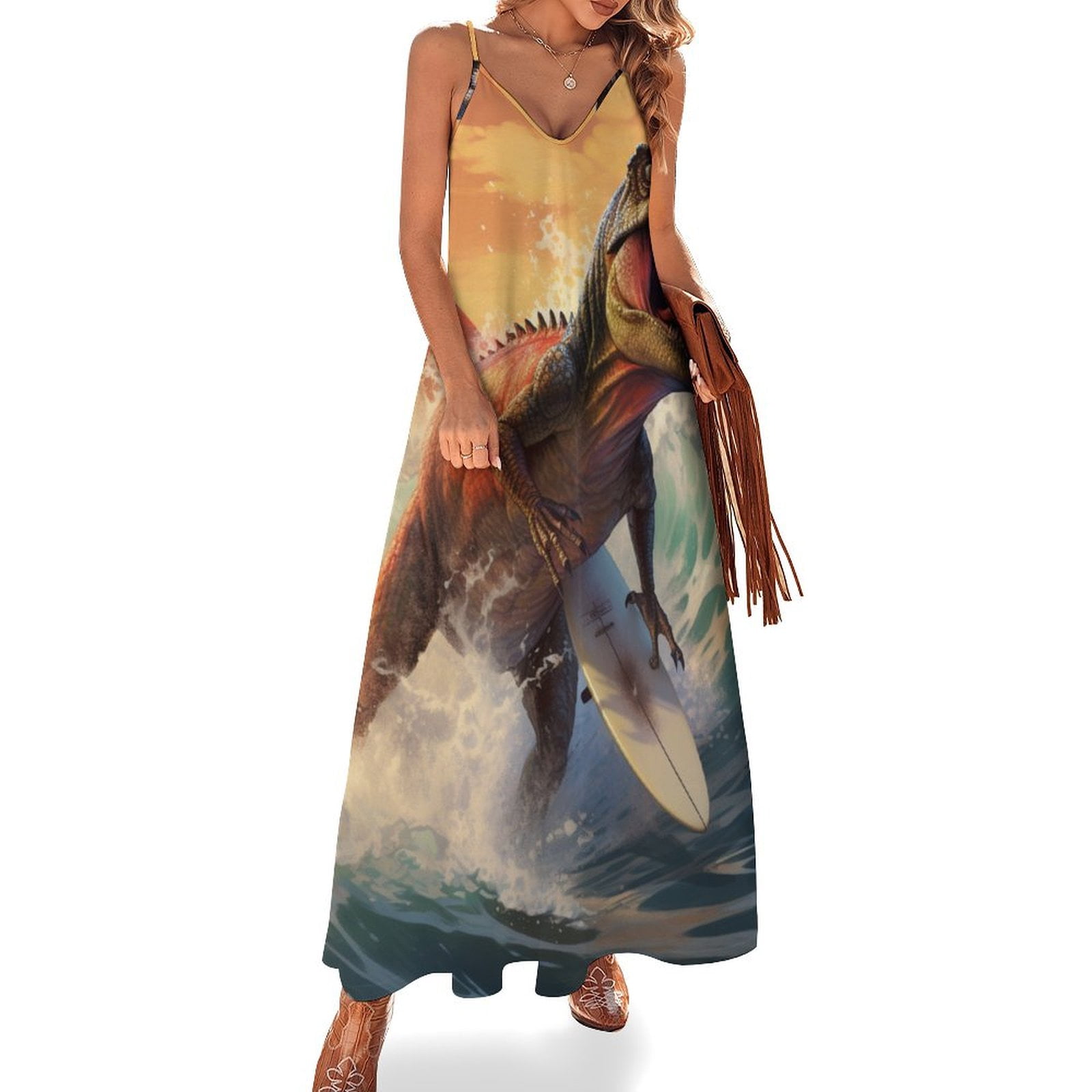 Surfing Dinosaurs Sleeveless Dress Women's Luxury Party Dress Birthday ...