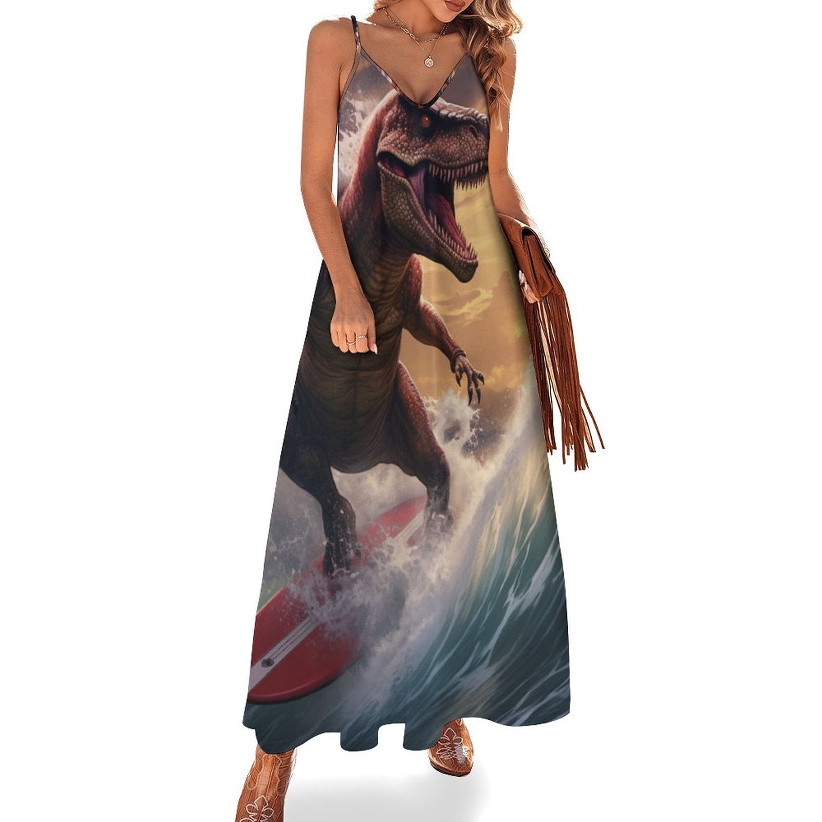 Surfing Dinosaurs Sleeveless Dress Women's Luxury Party Dress Birthday ...