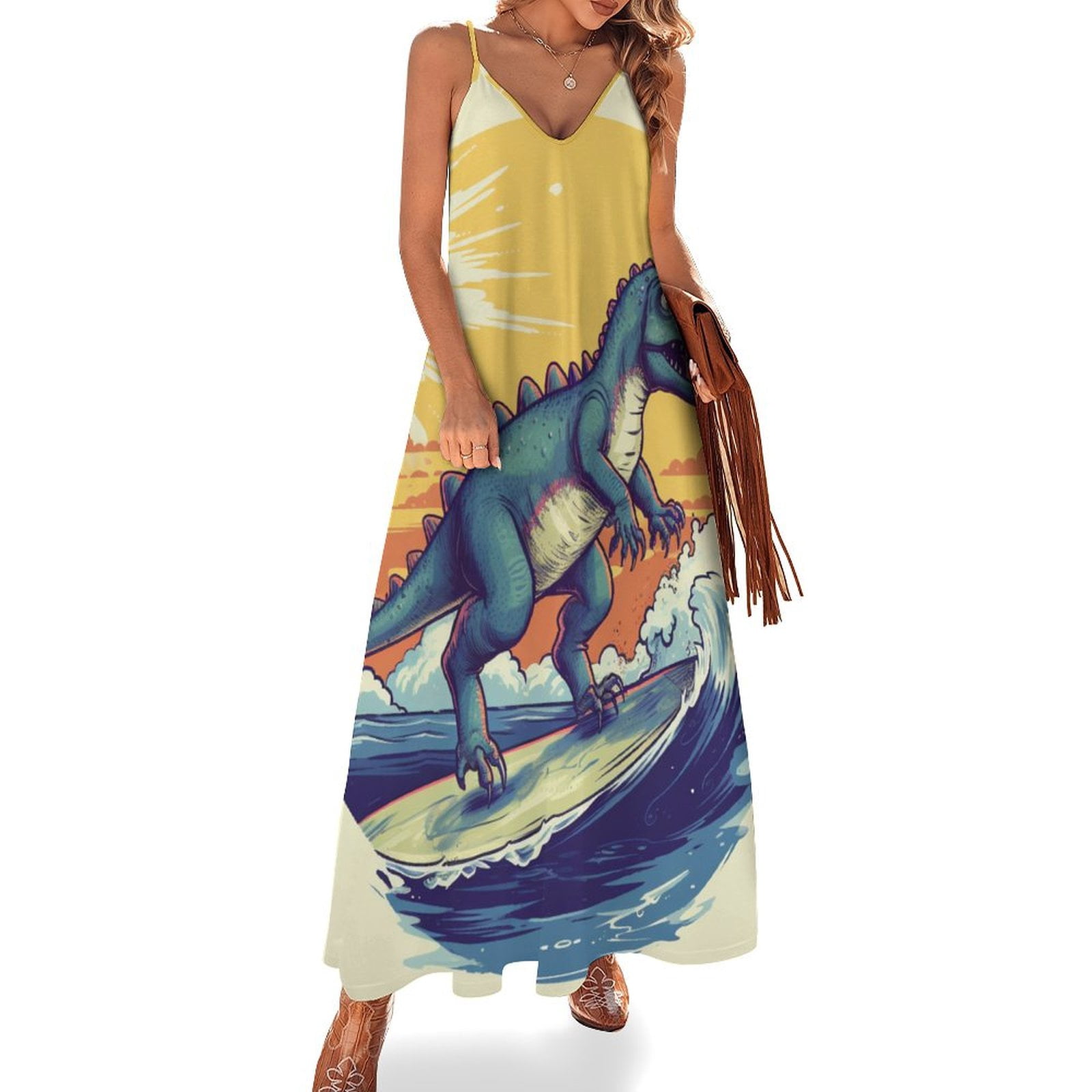 Surfing Dinosaurs Sleeveless Dress Women's Luxury Party Dress Birthday ...
