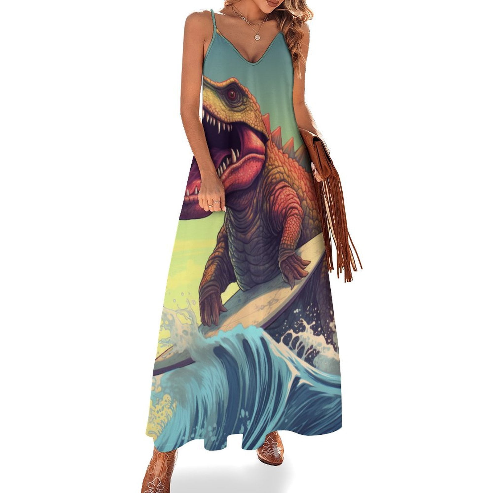 Surfing Dinosaurs Sleeveless Dress Women's Luxury Party Dress Birthday ...