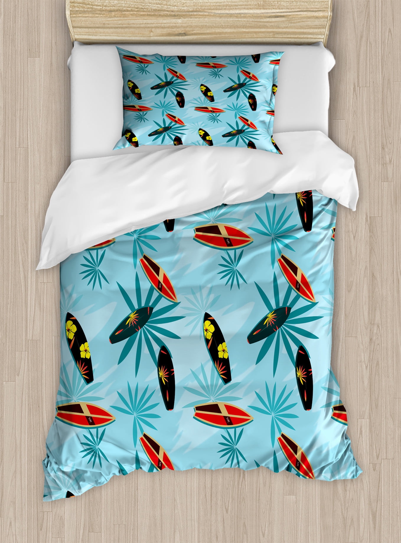 Surfing Duvet Cover Set, Surfboards in the Sea with Palm Tree ...