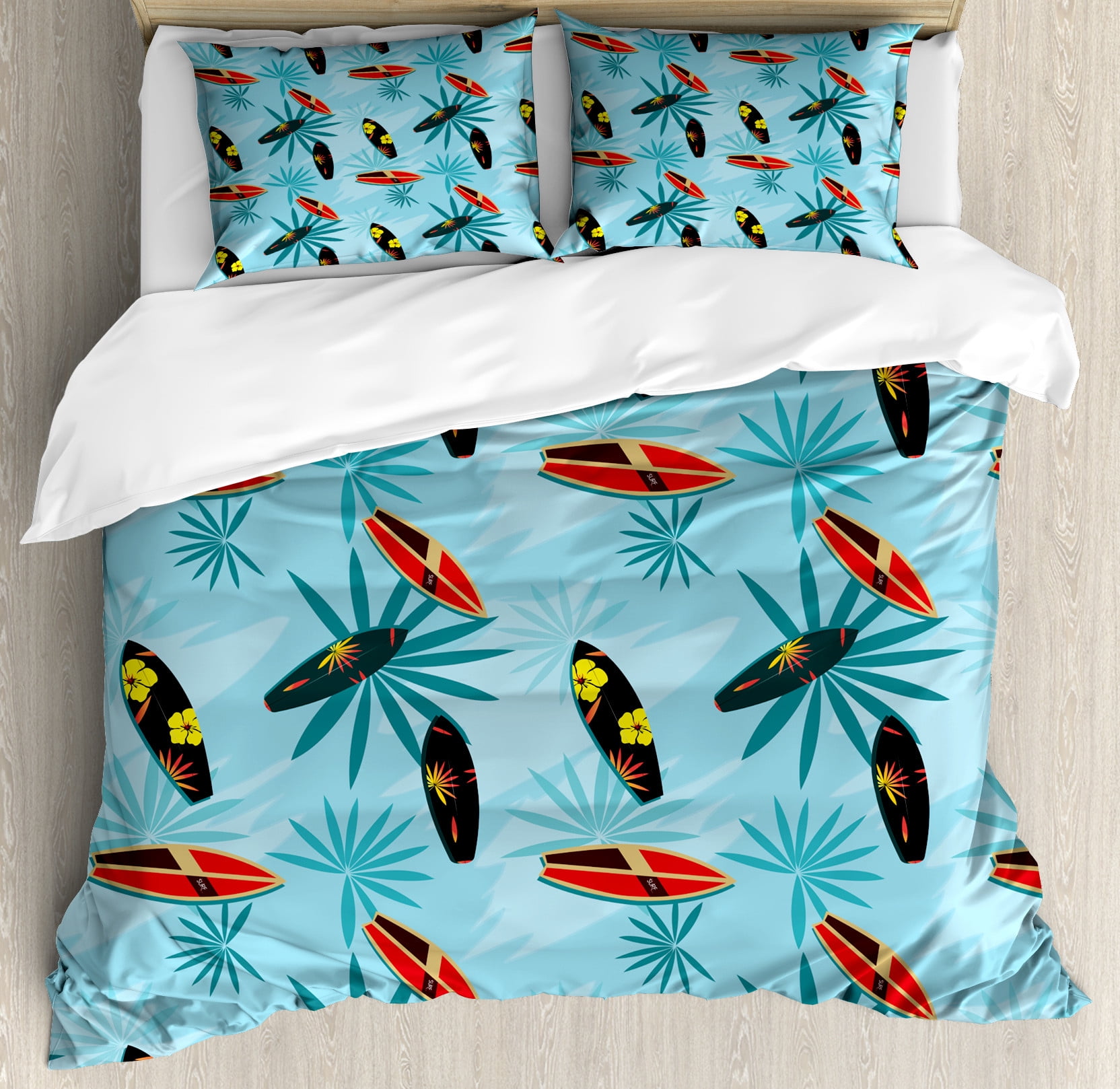 Surfing Duvet Cover Set, Surfboards in the Sea with Palm Tree ...