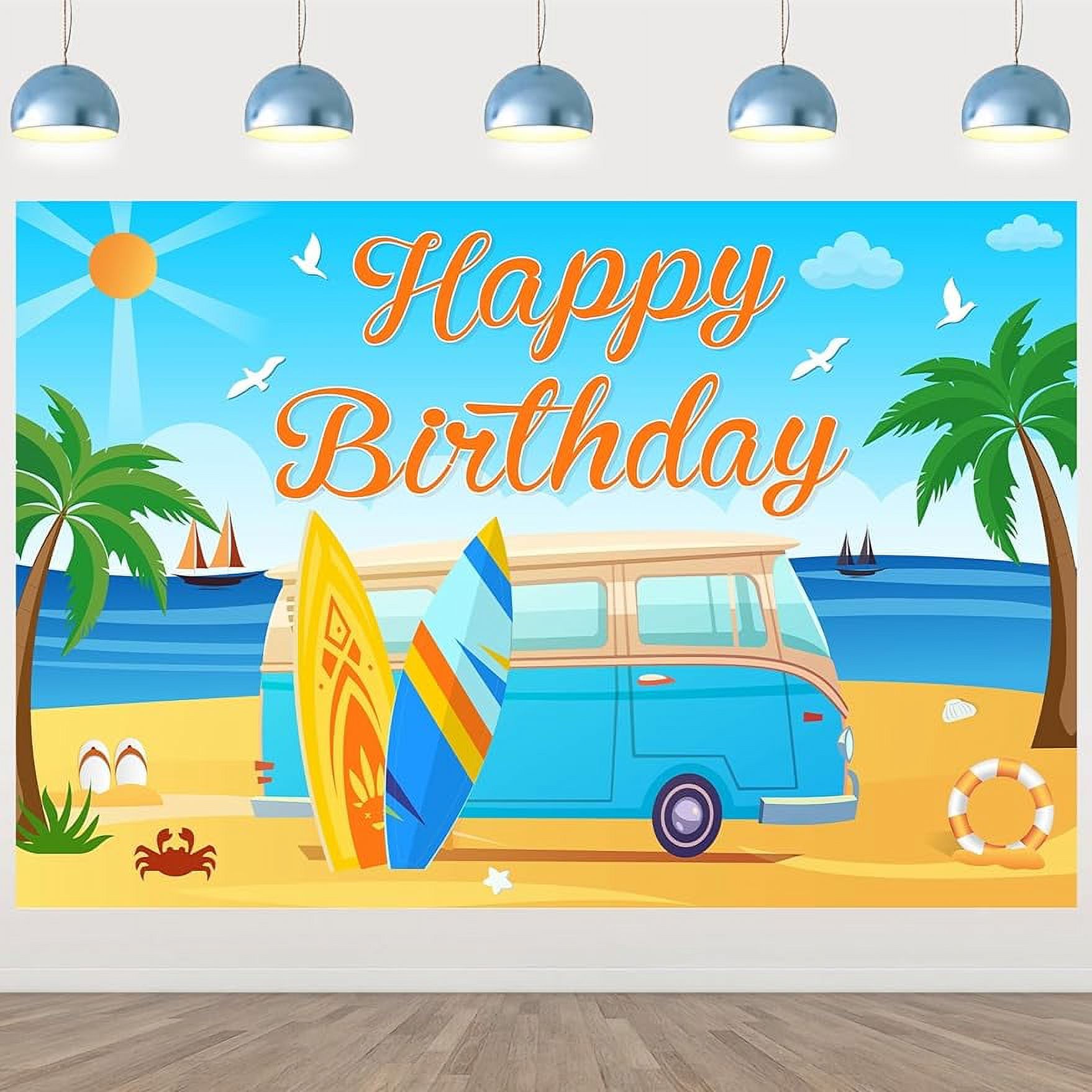 Surfing Happy Birthday Backdrop, Seaside Surfboard Coconut Tree ...