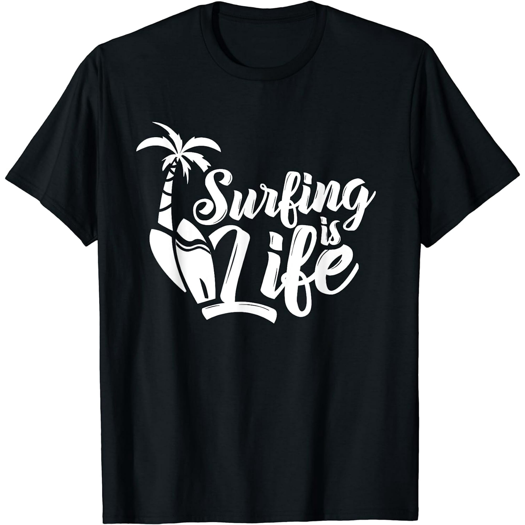 Surfing Is Life Surfboard Surfer Black T-Shirt Short Sleeves Classic ...