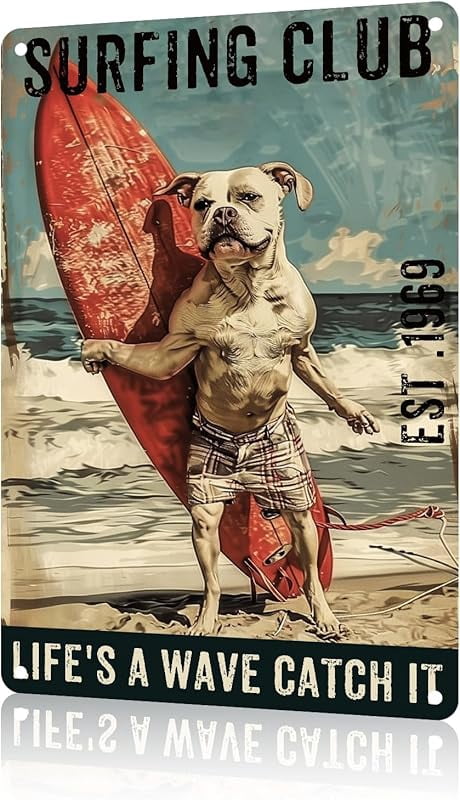 Surfing Metal Tin Sign Surfing Club Vintage Dog Sign For Beach Bar 8x12 ...