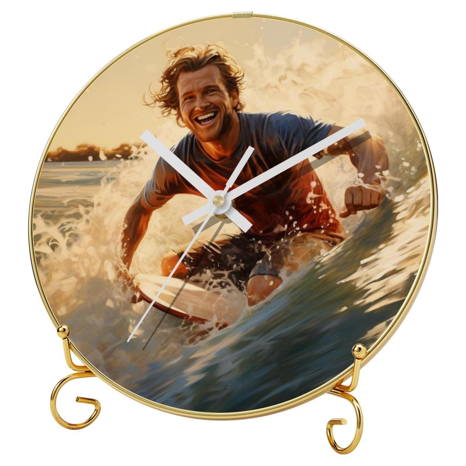 Surfing Round Printed Wall Clock with Hooks and Gold Stand - Silent Non ...