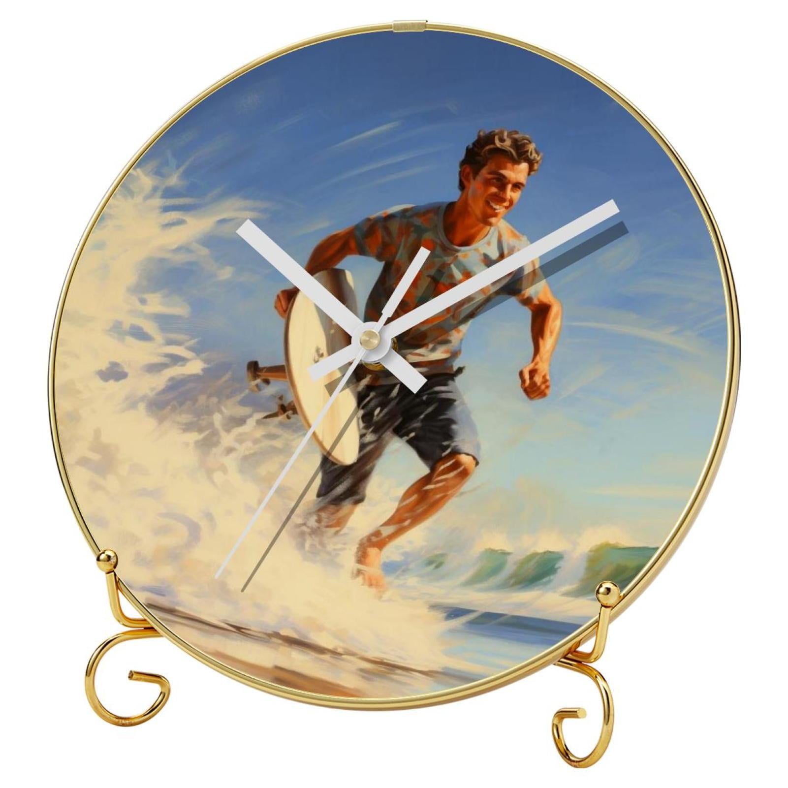 Surfing Round Printed Wall Clocks with Hooks and Gold Stand - Silent ...
