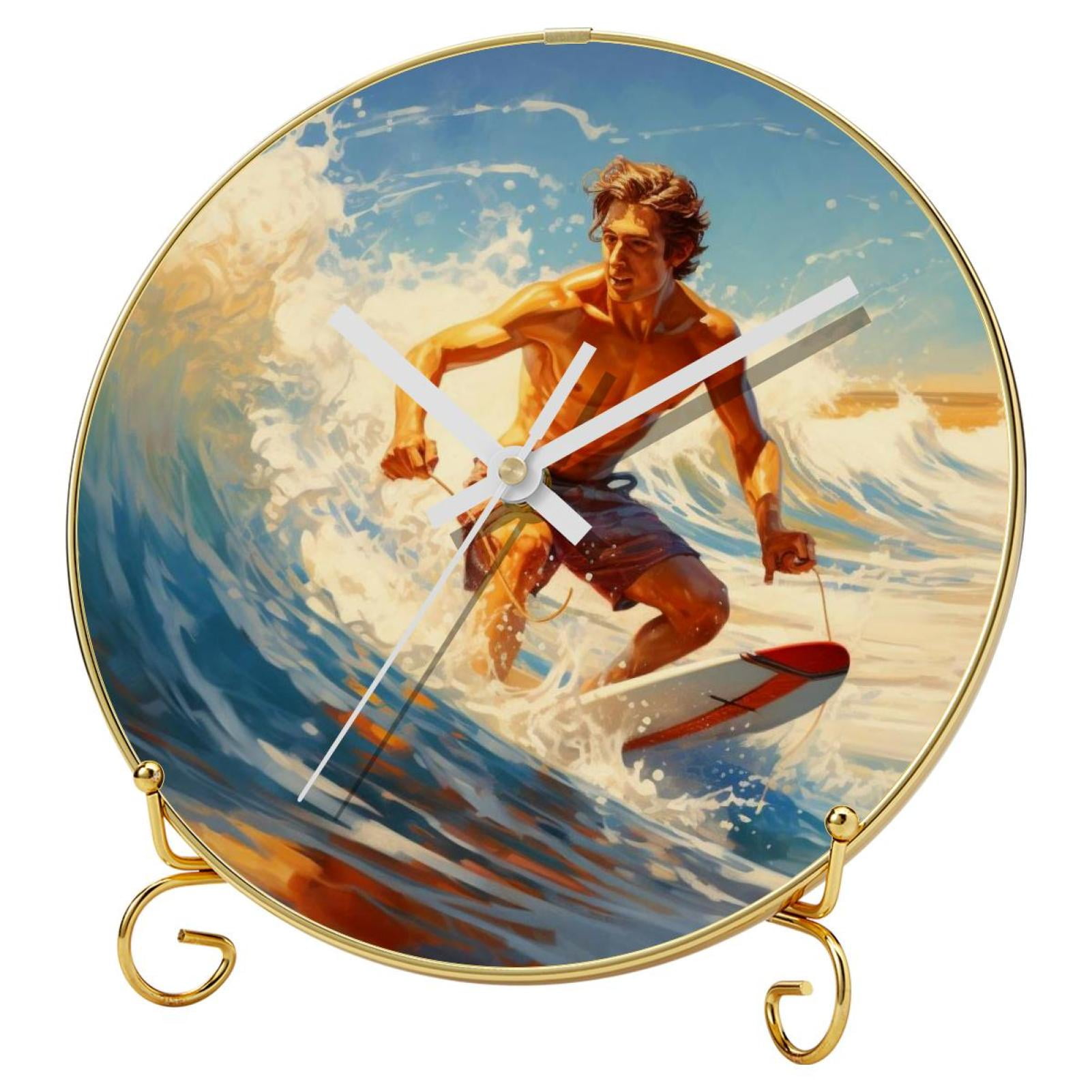 Surfing Rustic Round Wall Clocks with Printed Design, Hooks and Gold ...