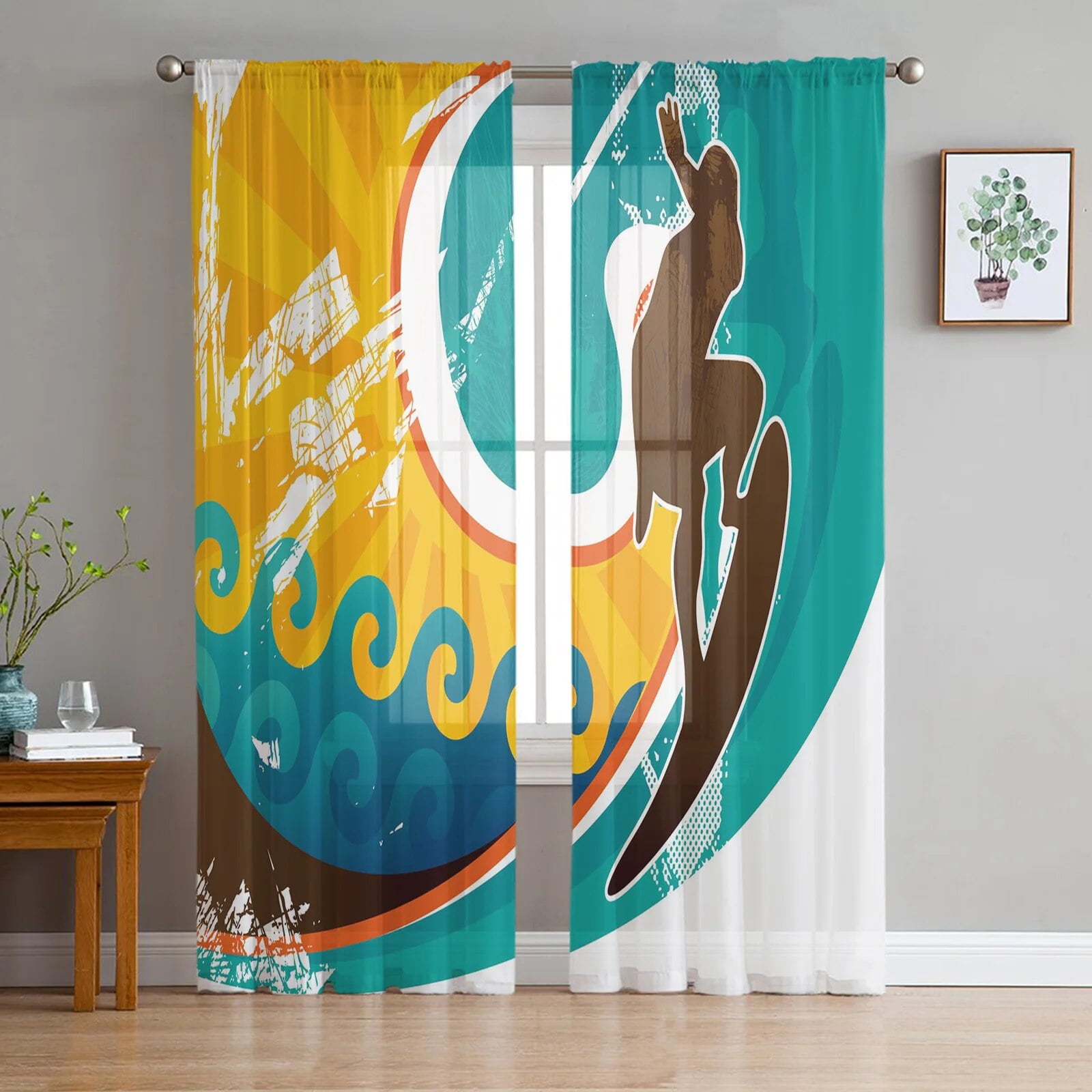 Surfing Summer Style Palm Tree Wood Board Voile Tulle Sheer Curtains ...