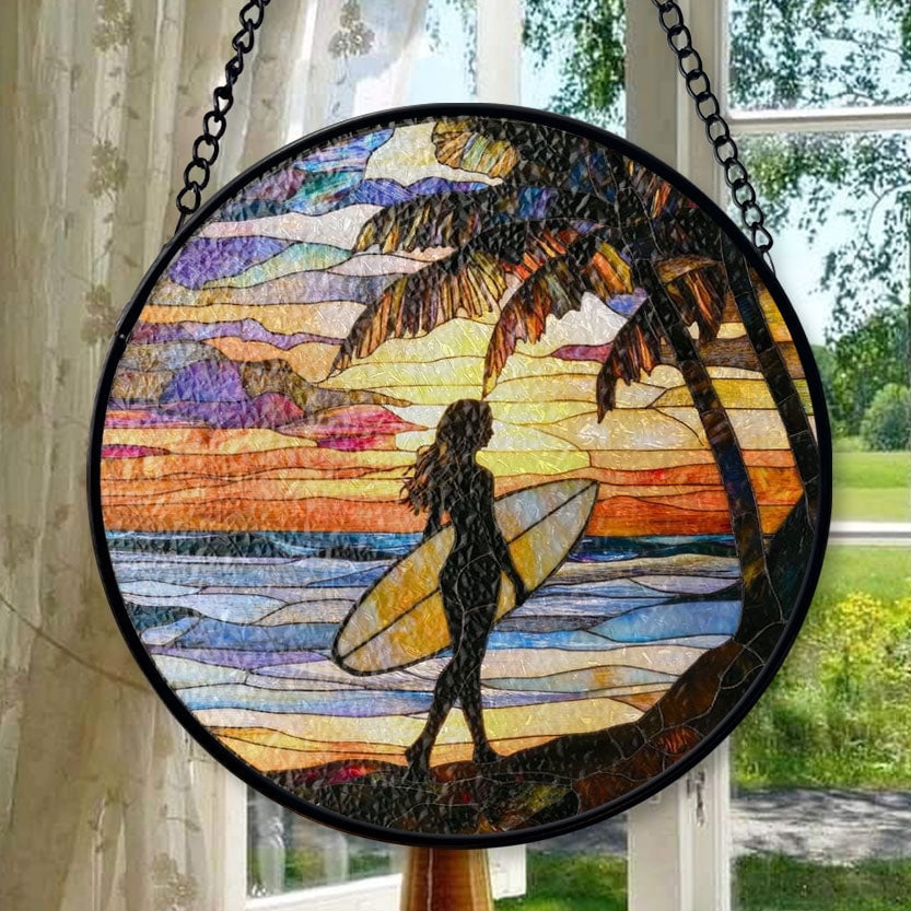 Surfing Suncatcher Stained Glass Surf Light Catcher Surfer Beach Sunset ...