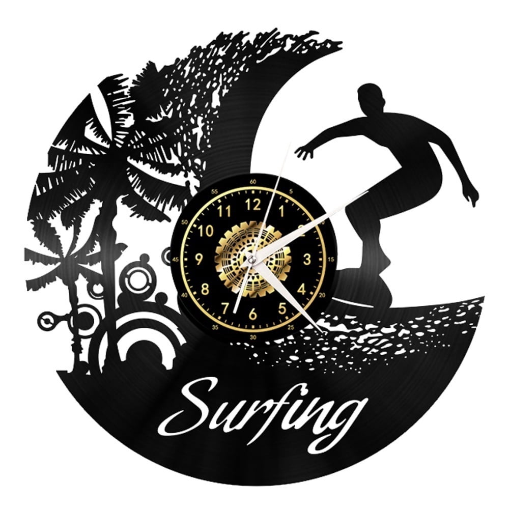 Surfing Sunny Beach Vintage Black Vinyl Record Wall Clock Wall Art 3D ...