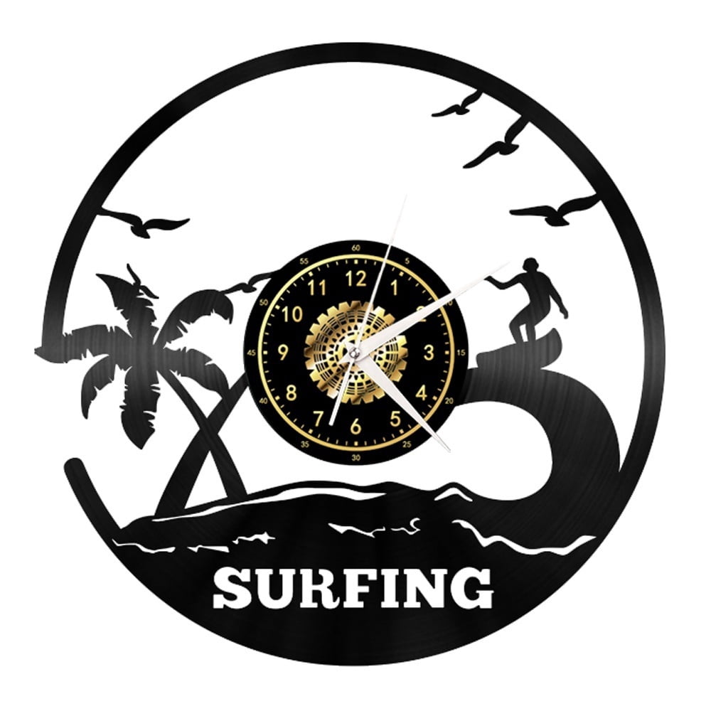 Surfing Sunny Beach Vintage Black Vinyl Record Wall Clock Wall Art 3D ...