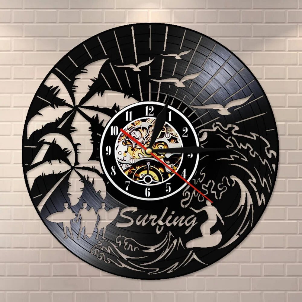 Surfing Vinyl Wall Clock,Vinyl Record Clock Wall Art Black Handmade Art ...