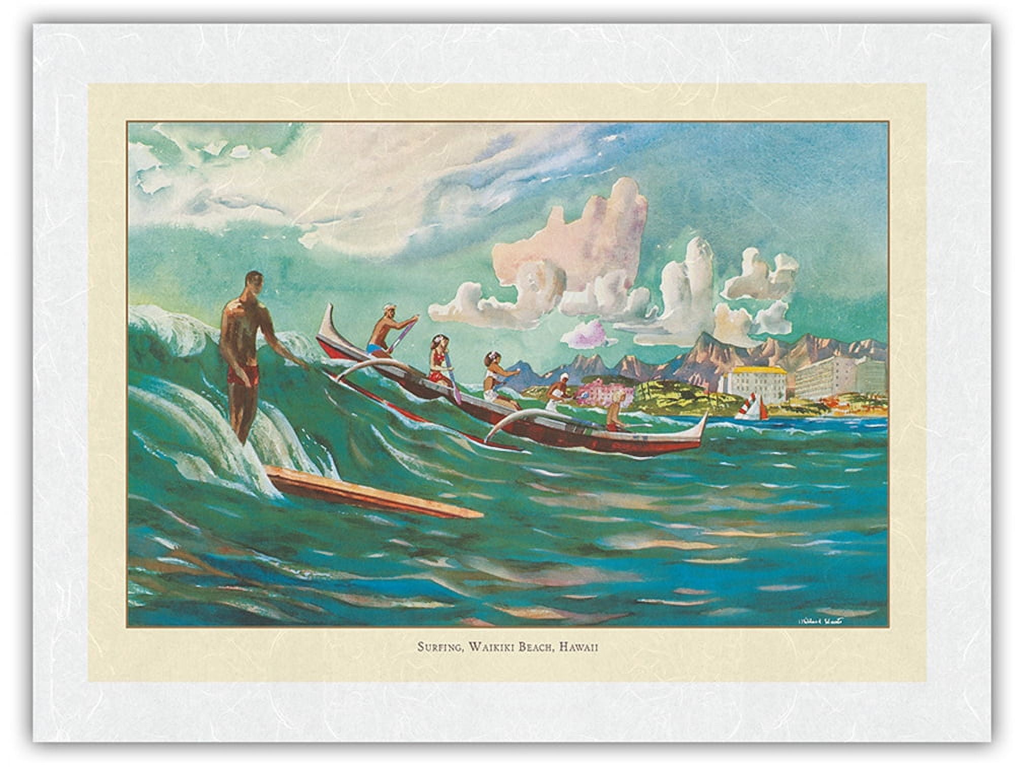 Surfing Waikiki Beach Hawaii - United Air Lines - Vintage Airline Travel Poster by Millard ...