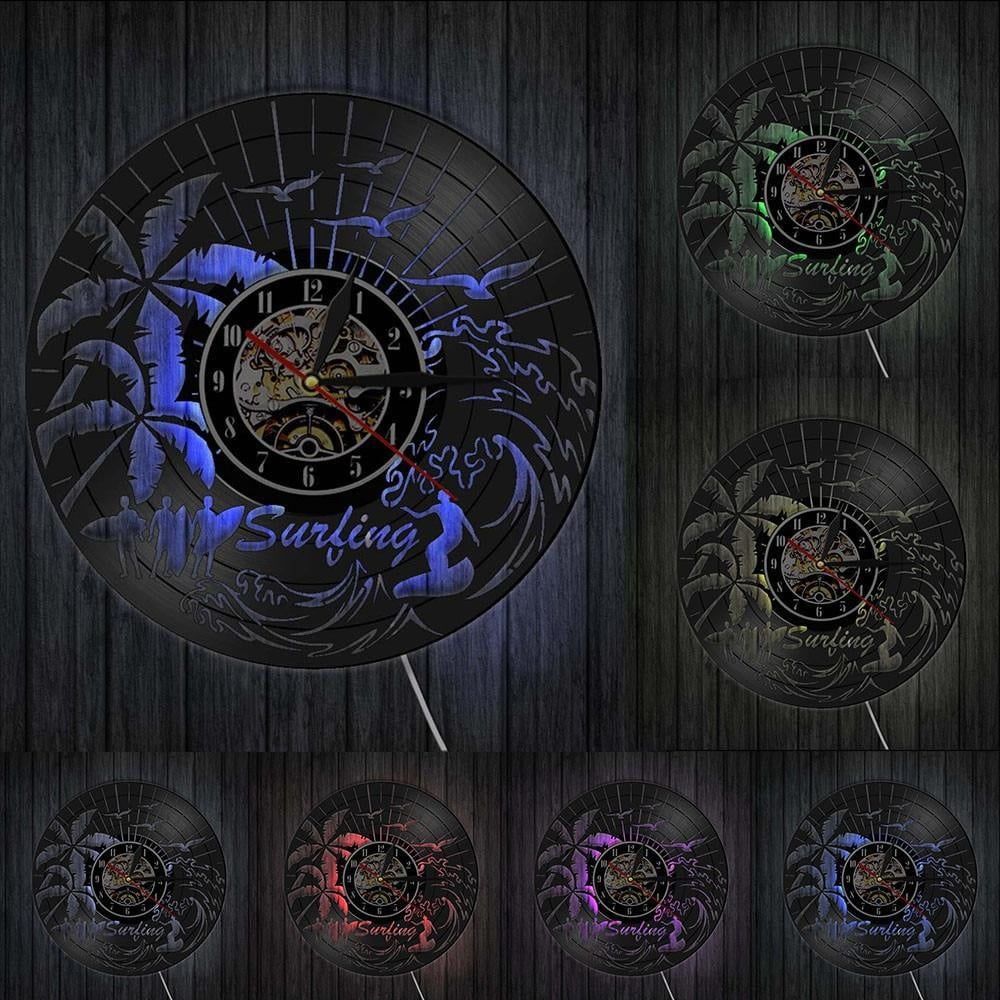 Surfing Wall Clock Beach Surf Big Wave Wall Decor Vinyl Record Wall ...