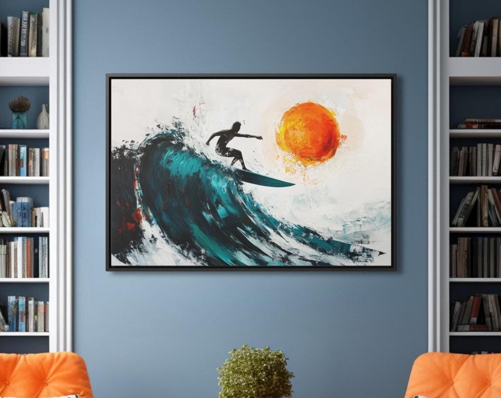 Surfing Wave Ocean Art, Chic Sunset Surfer Coastal Decor, Surfing Wall ...