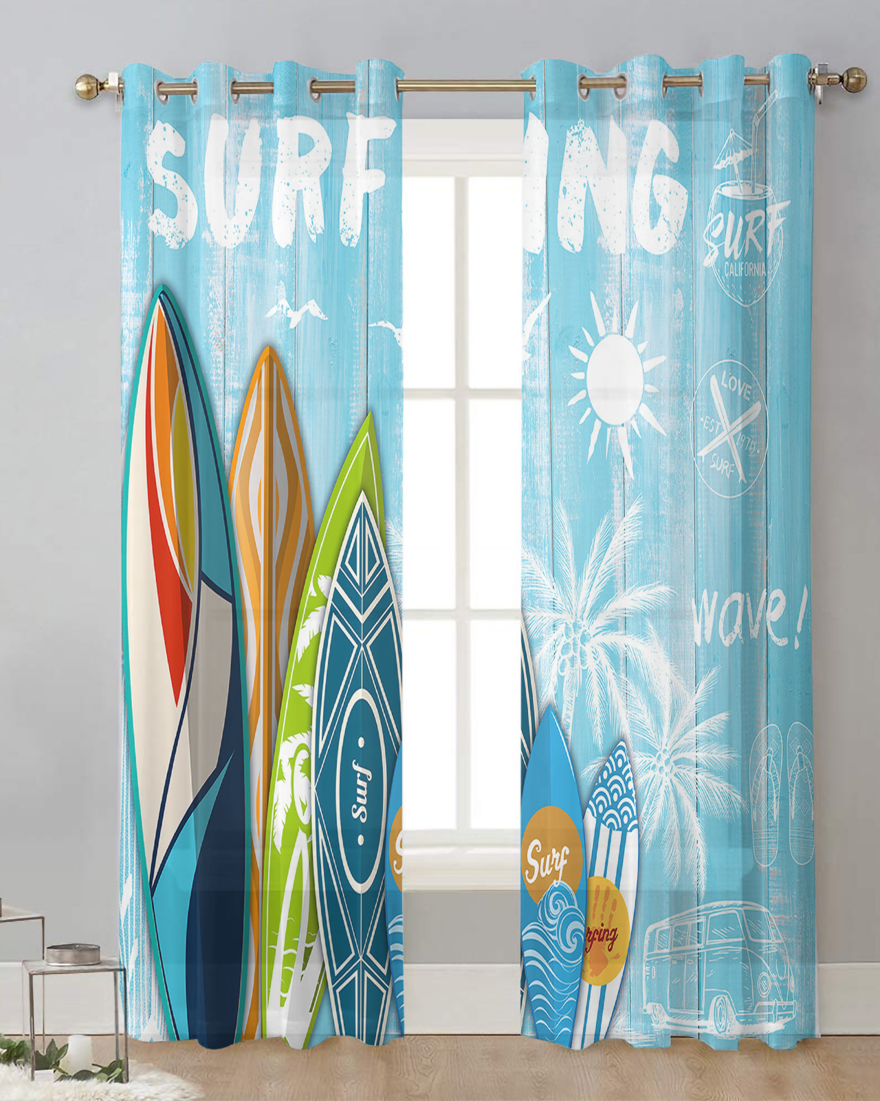 Surfing Waves Sunset Coconut Trees Tulle Drapes Living Room Bedroom ...