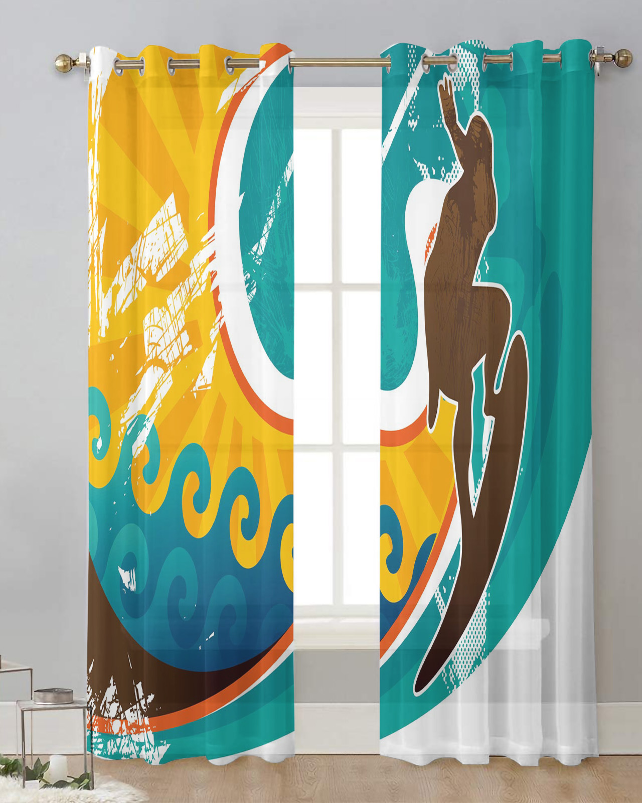 Surfing Waves Sunset Coconut Trees Tulle Drapes Living Room Bedroom ...