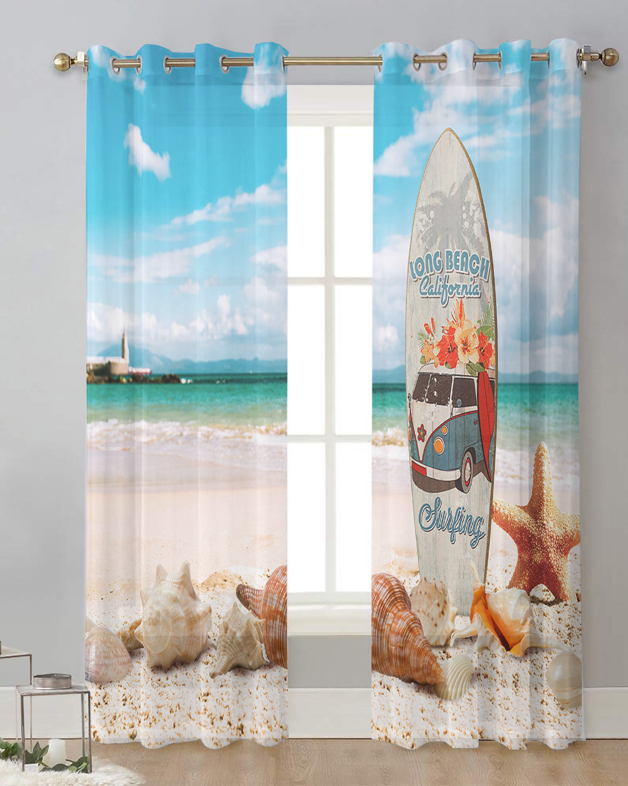 Surfing Waves Sunset Coconut Trees Tulle Drapes Living Room Bedroom ...