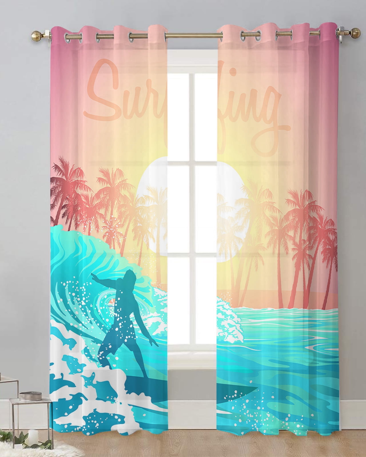 Surfing Waves Sunset Coconut Trees Tulle Drapes Living Room Bedroom ...