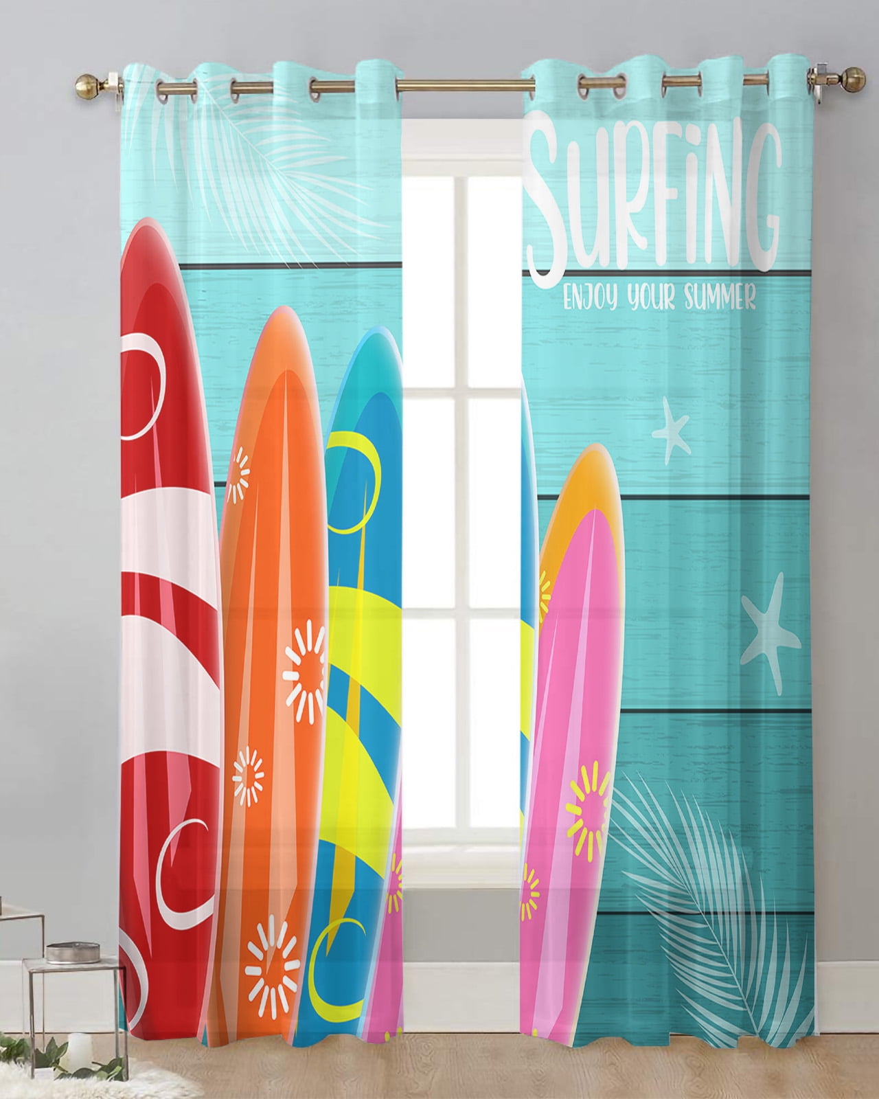 Surfing Waves Sunset Coconut Trees Tulle Drapes Living Room Bedroom ...