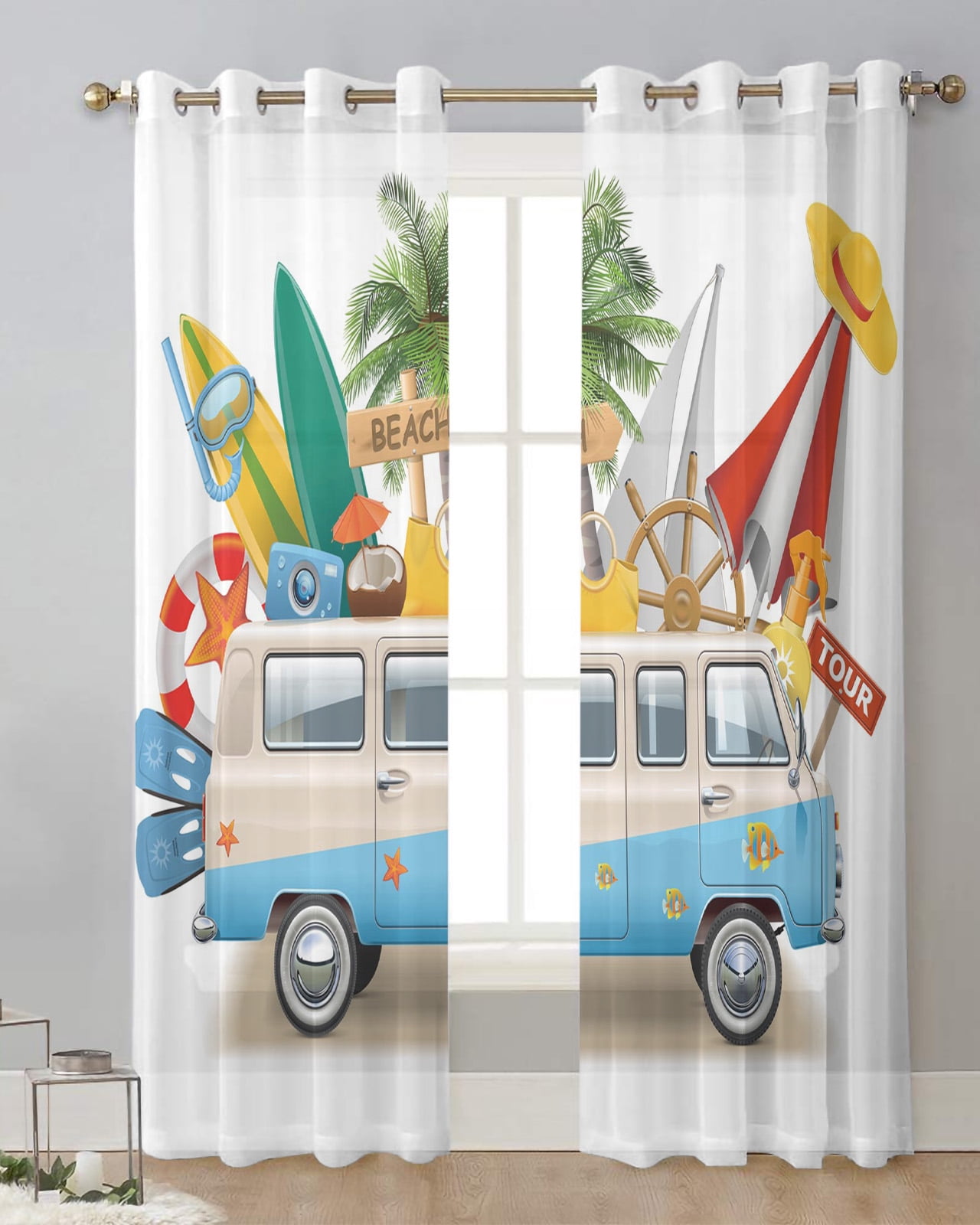 Surfing Waves Sunset Coconut Trees Tulle Drapes Living Room Bedroom ...