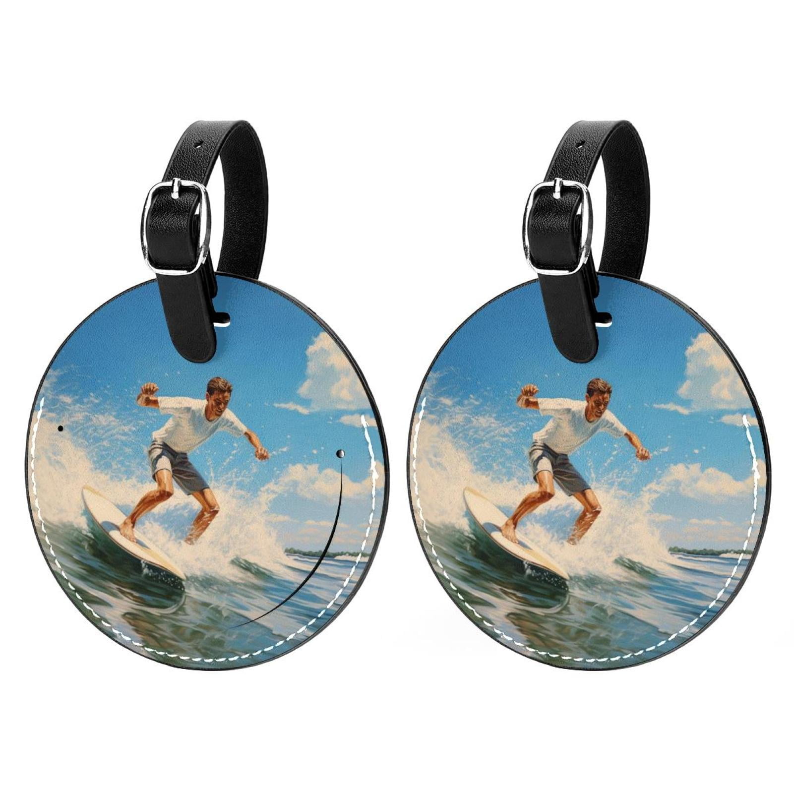Surfing in Summer 2Pcs PU Leather Round Luggage Tags with Privacy Cover ...
