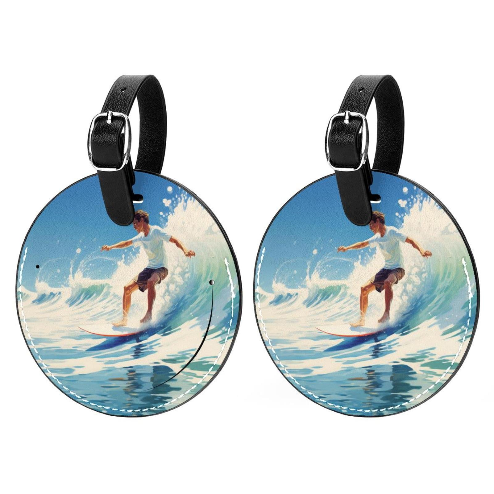 Surfing in Summer 2Pcs PU Leather Round Luggage Tags with Privacy Cover ...