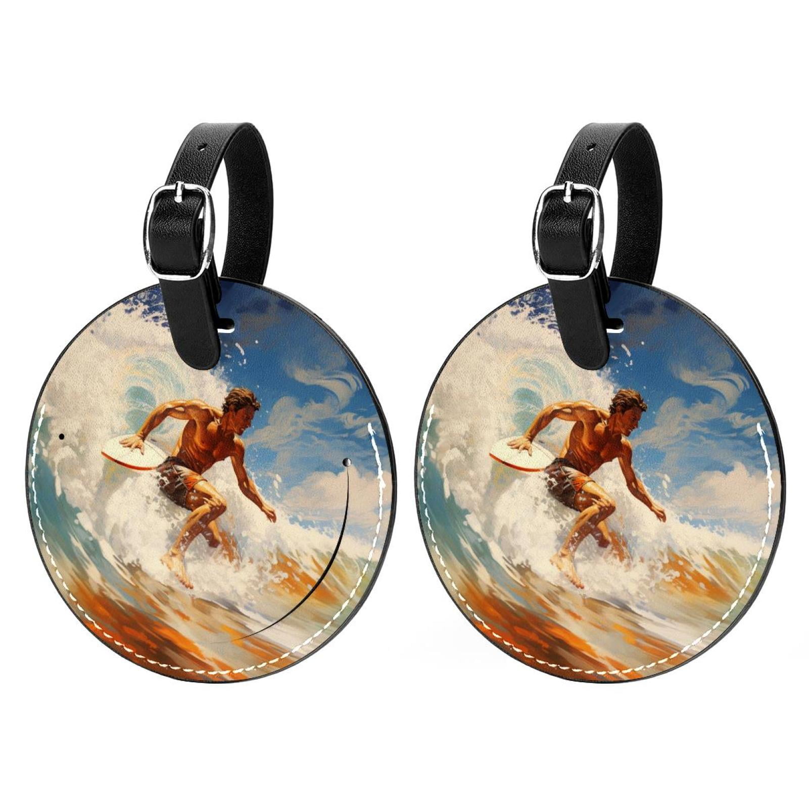 Surfing in Summer 2Pcs PU Leather Round Luggage Tags with Privacy Cover ...