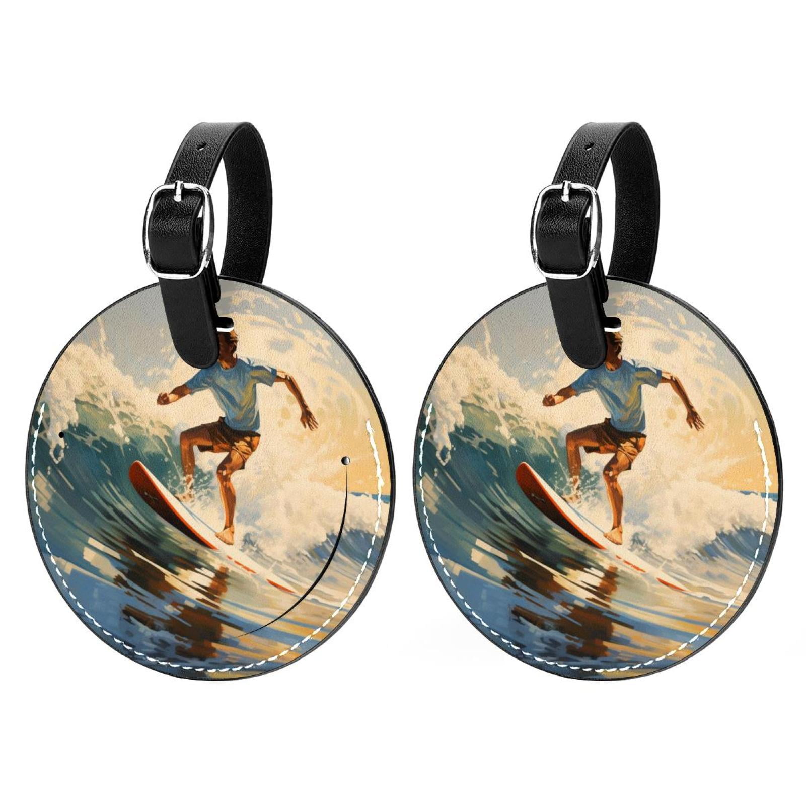 Surfing in Summer 2Pcs PU Leather Round Luggage Tags with Privacy Cover ...